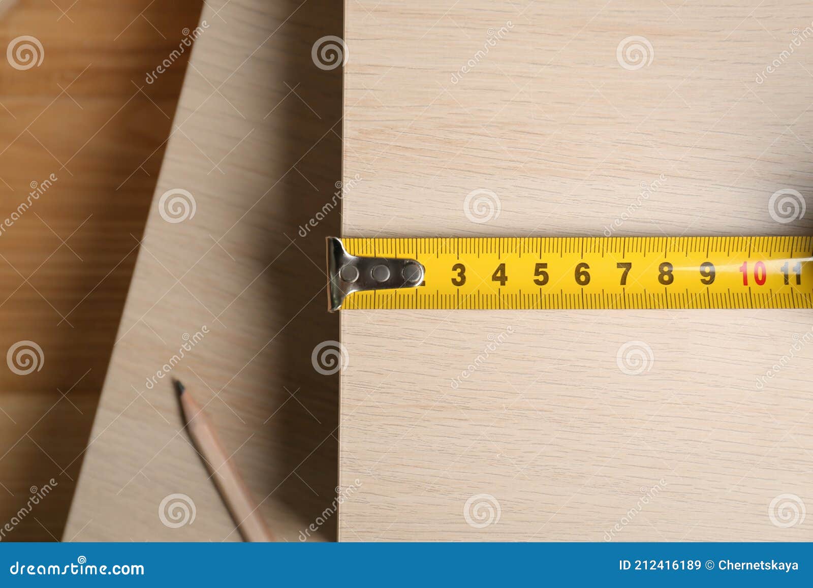 Tape Measure and Pencil on Wooden Surface, Flat Lay Stock Image - Image ...