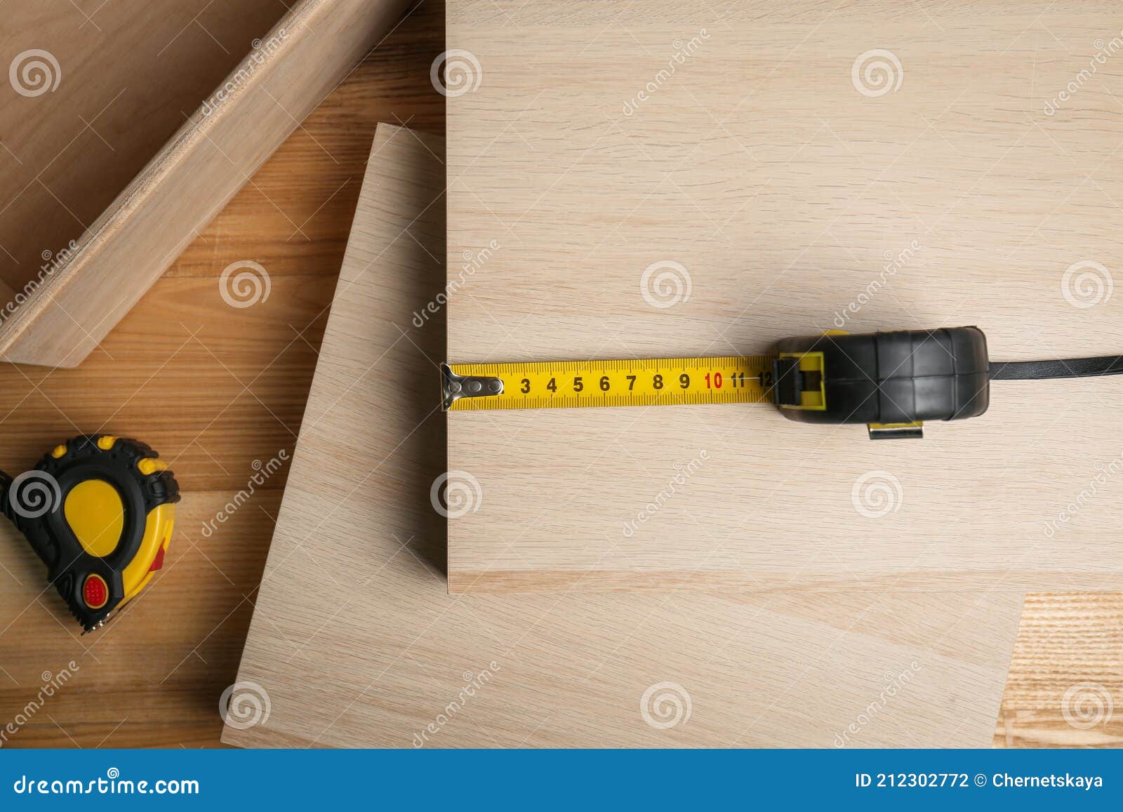 Tape Measure on Wooden Surface, Flat Lay Stock Photo - Image of design ...