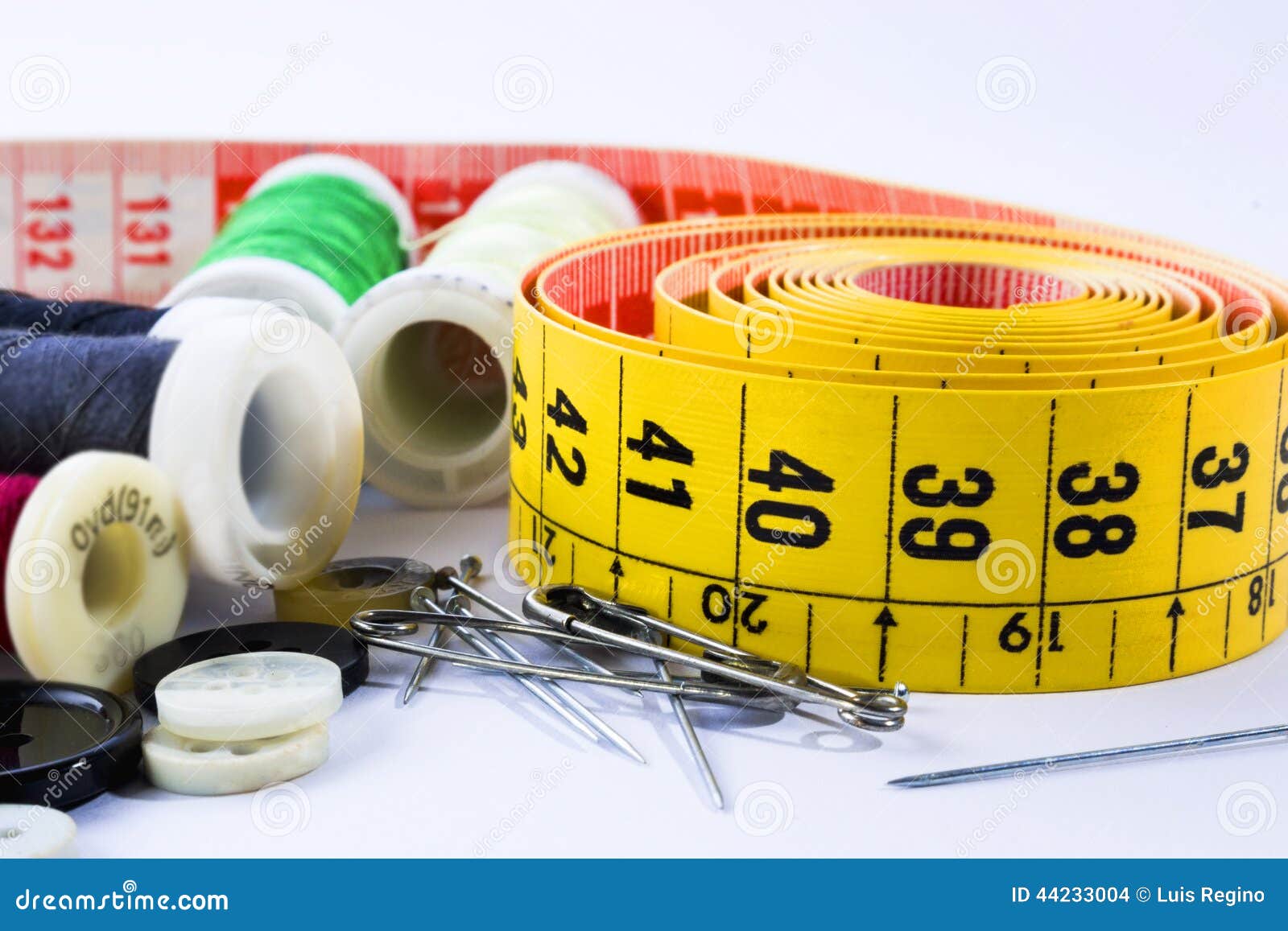 Tape Measuring and Spools of Threads Backgroun White Stock Photo ...