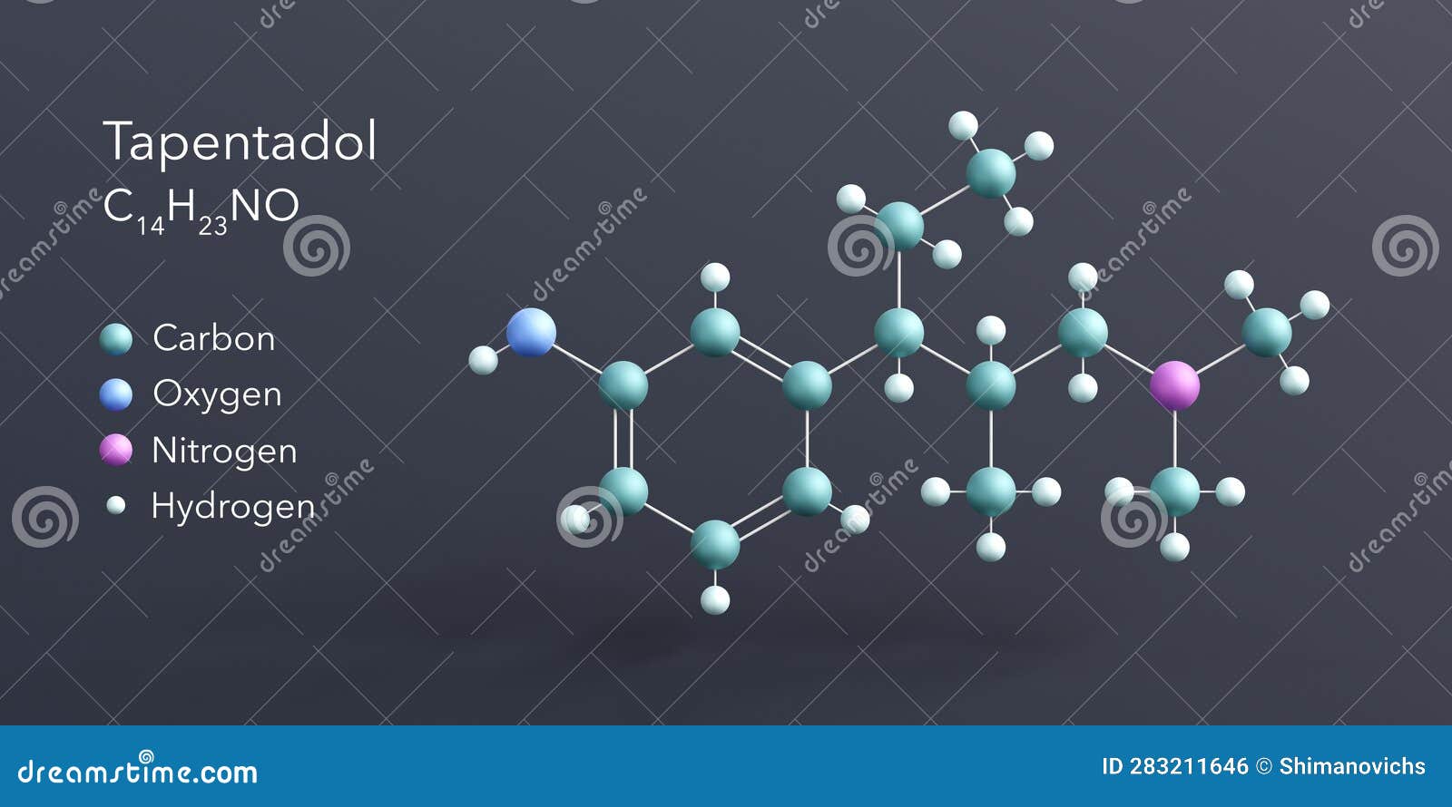 Tapentadol Molecule 3d Rendering Flat Molecular Structure With Chemical Formula And Atoms Color