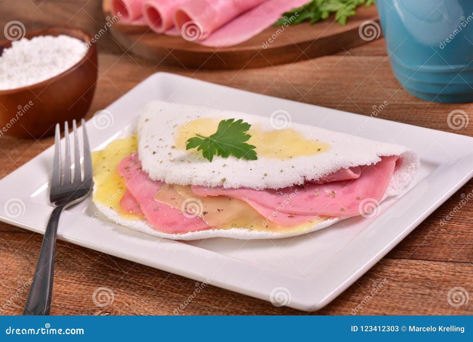Tapioca Filled with Cheese and Ham Slices Stock Image - Image of flour ...
