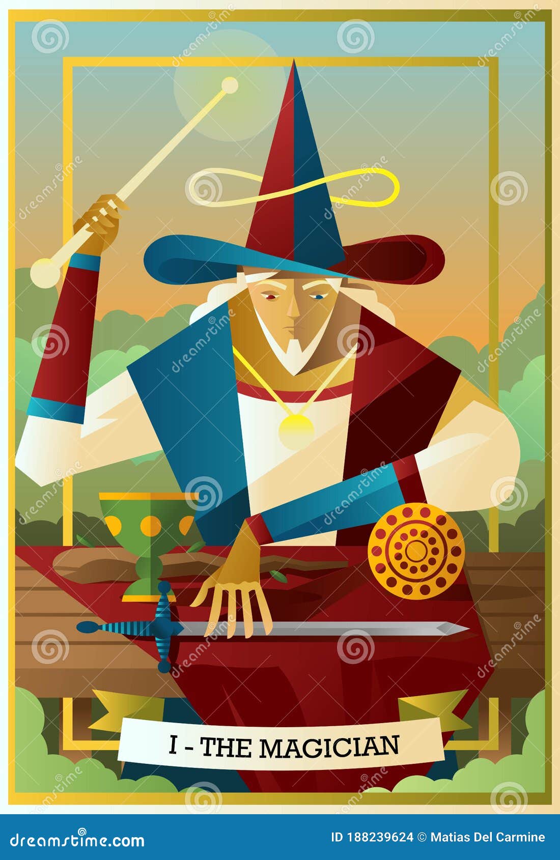 Magician Juggler with Cup, Wooden Staff, Sword and Gold Tarot Card ...