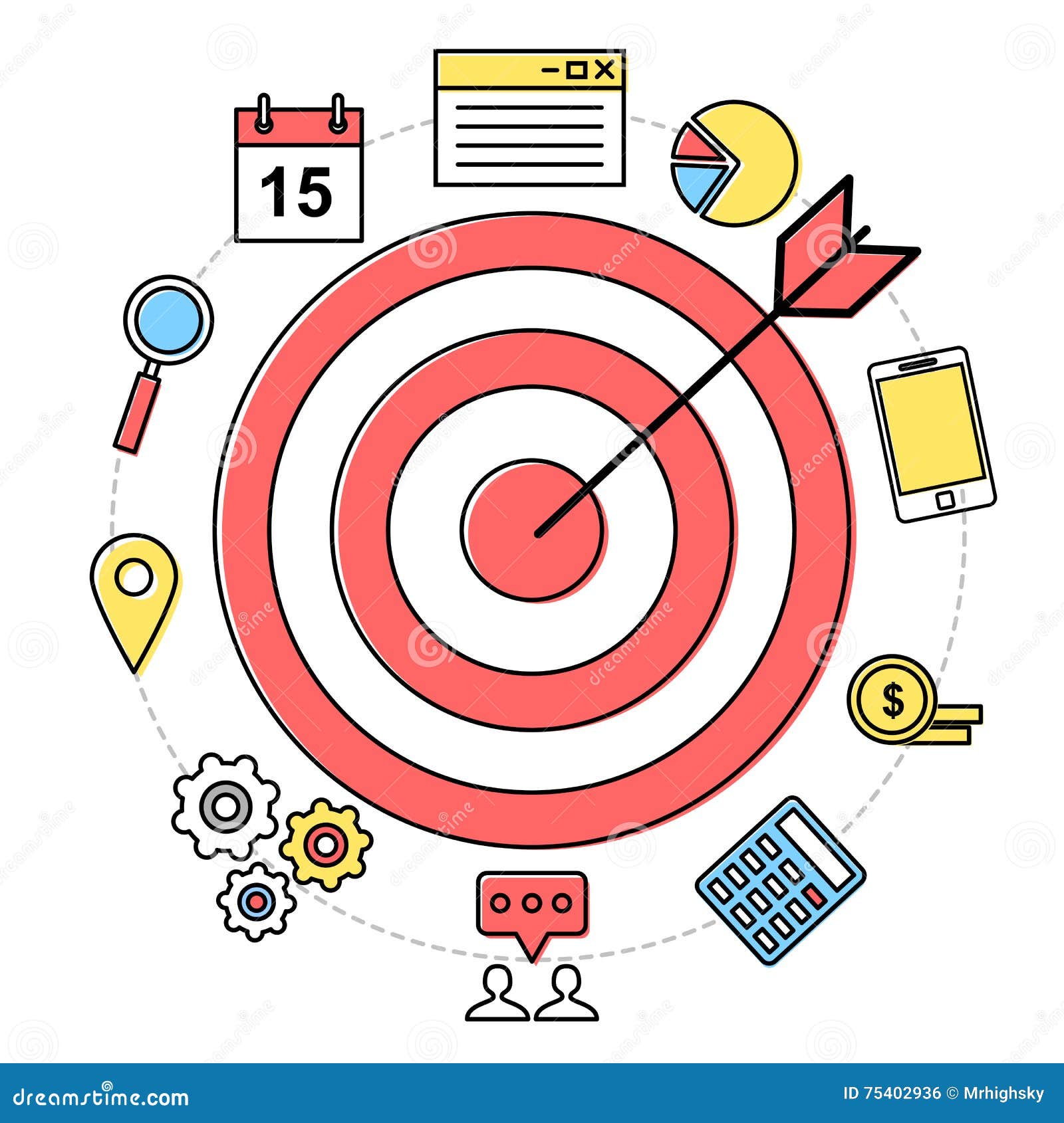 Target Board and Arrow with Different Business Symbols Stock Vector ...