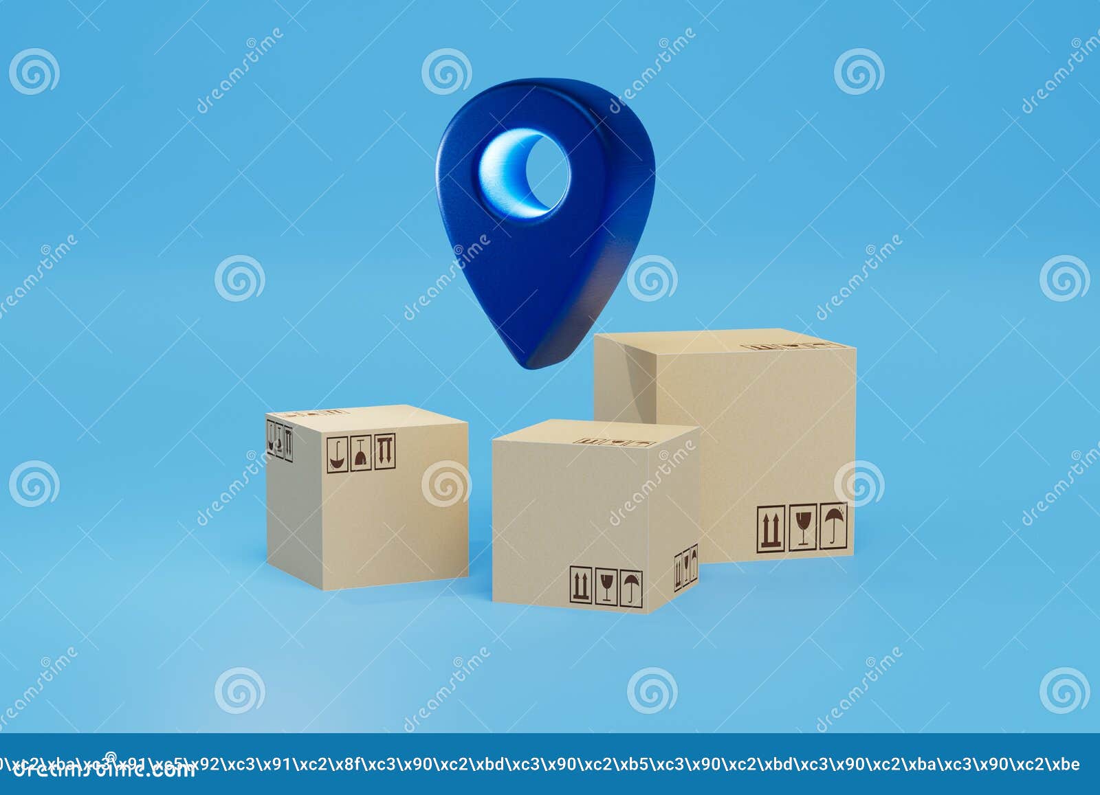 Targeted Delivery of Parcels. Parcel Boxes and Location Point on a Blue ...