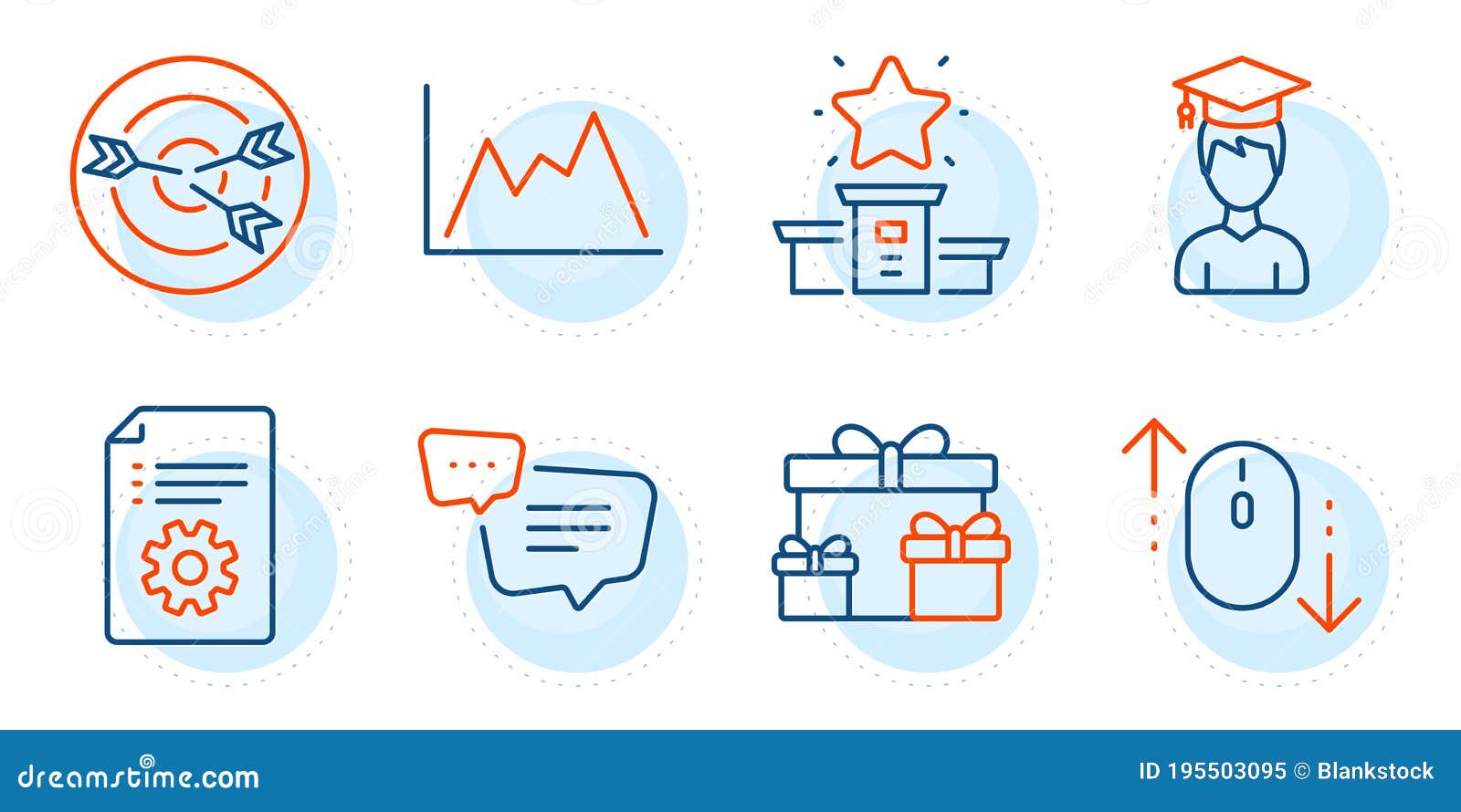 Targeting, Winner Podium and Student Icons Set. Surprise Boxes, Scroll ...