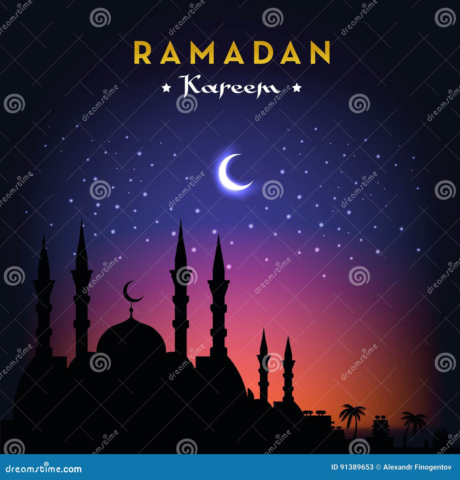 Tarjeta De Felicitación De Ramadan Kareem Con La Mezquita Y El Cielo