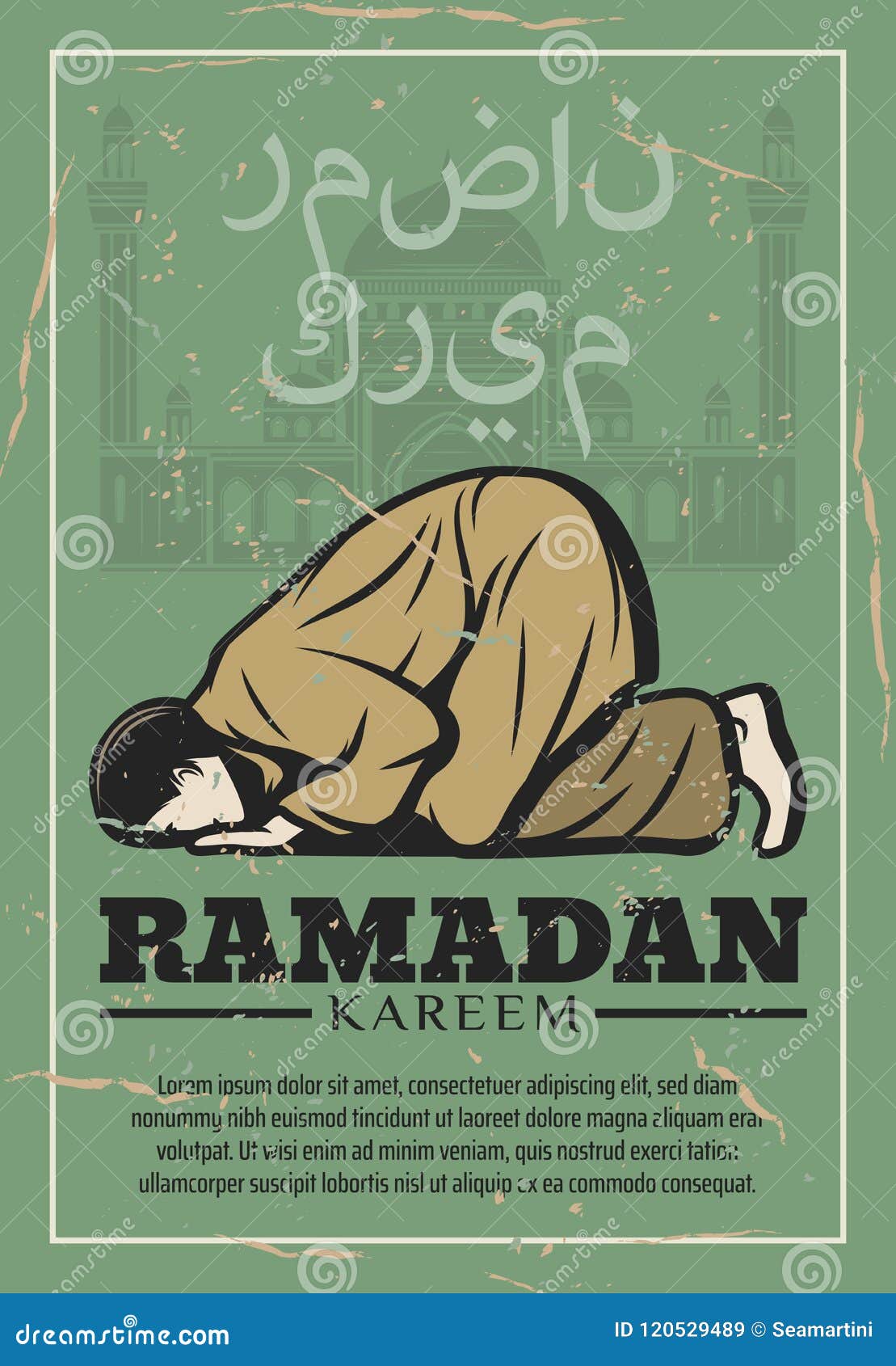 Tarjeta Del Vintage De Ramadan Kareem Con La Mezquita Y El Rezo
