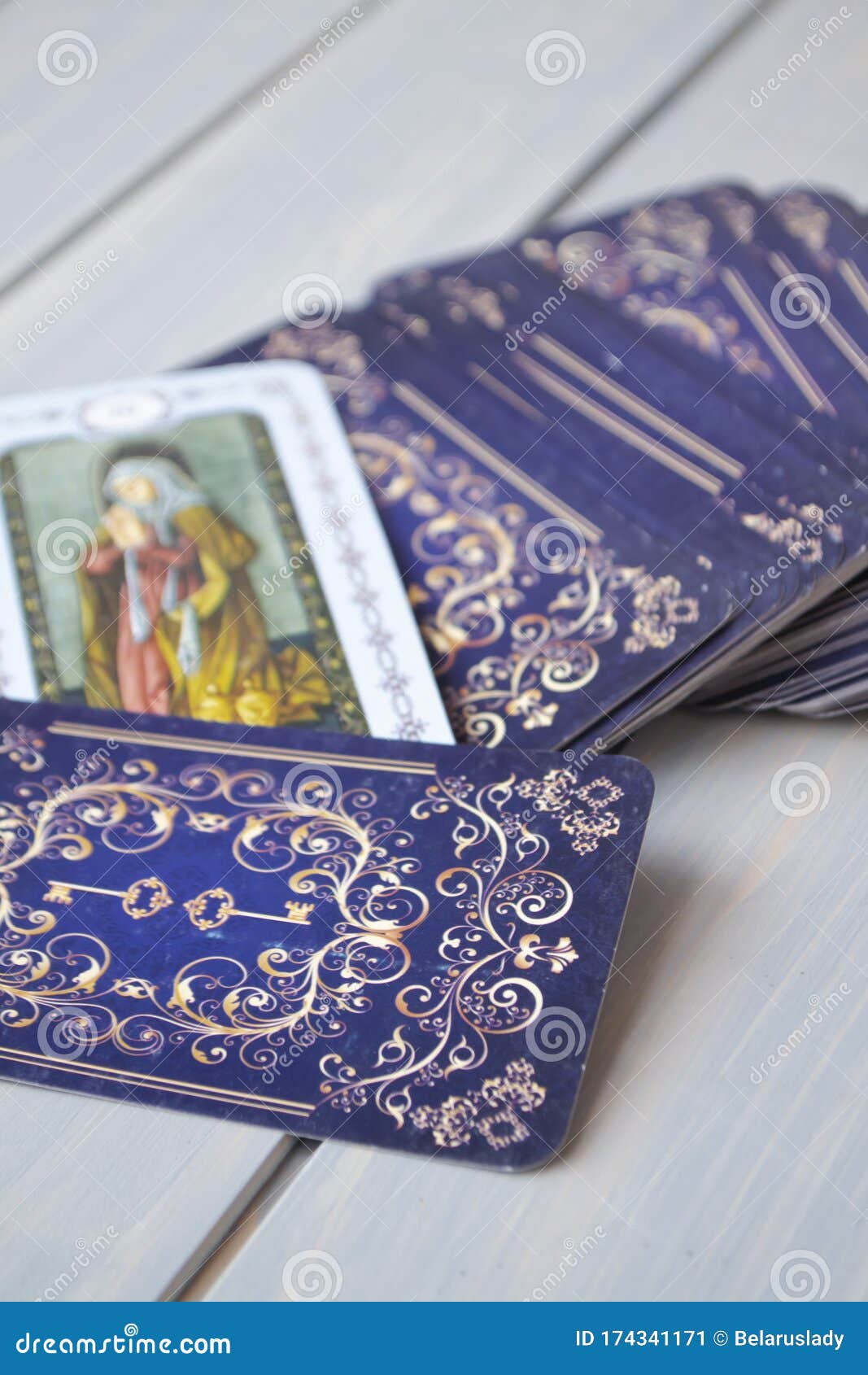 Tarot Cards on Fortune Teller Desk Table. Future Reading. Vertical ...
