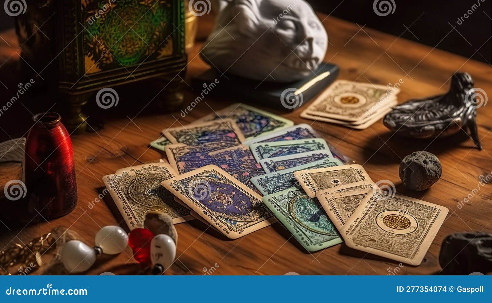 Tarot Cards and Magic Attributes on Wooden Table. AI Generative Stock ...