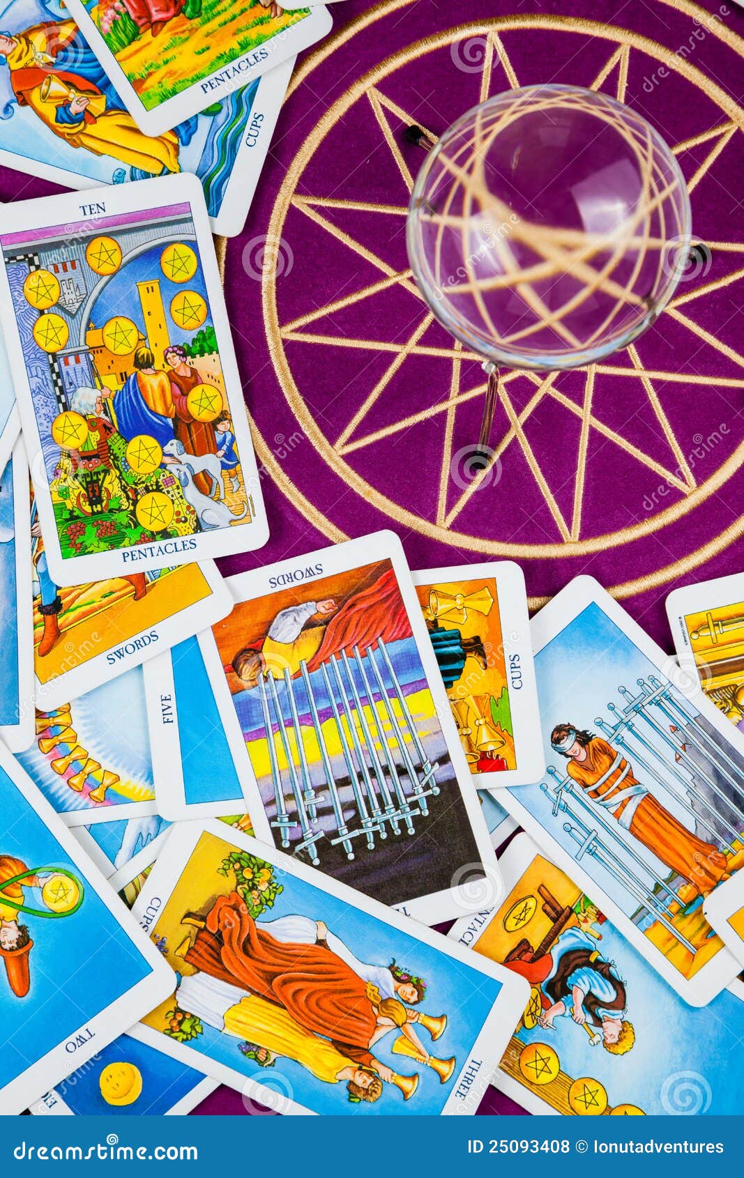 Tarot Cards with a Magic Ball on a Purple Table. Stock Photo - Image of ...