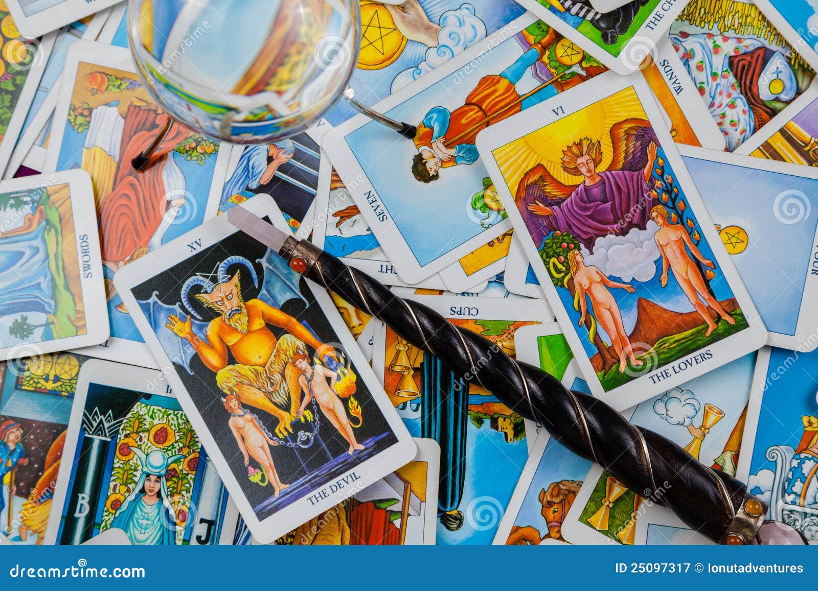 Tarot Cards with a Magic Wand and Magic Ball. Stock Image - Image of ...