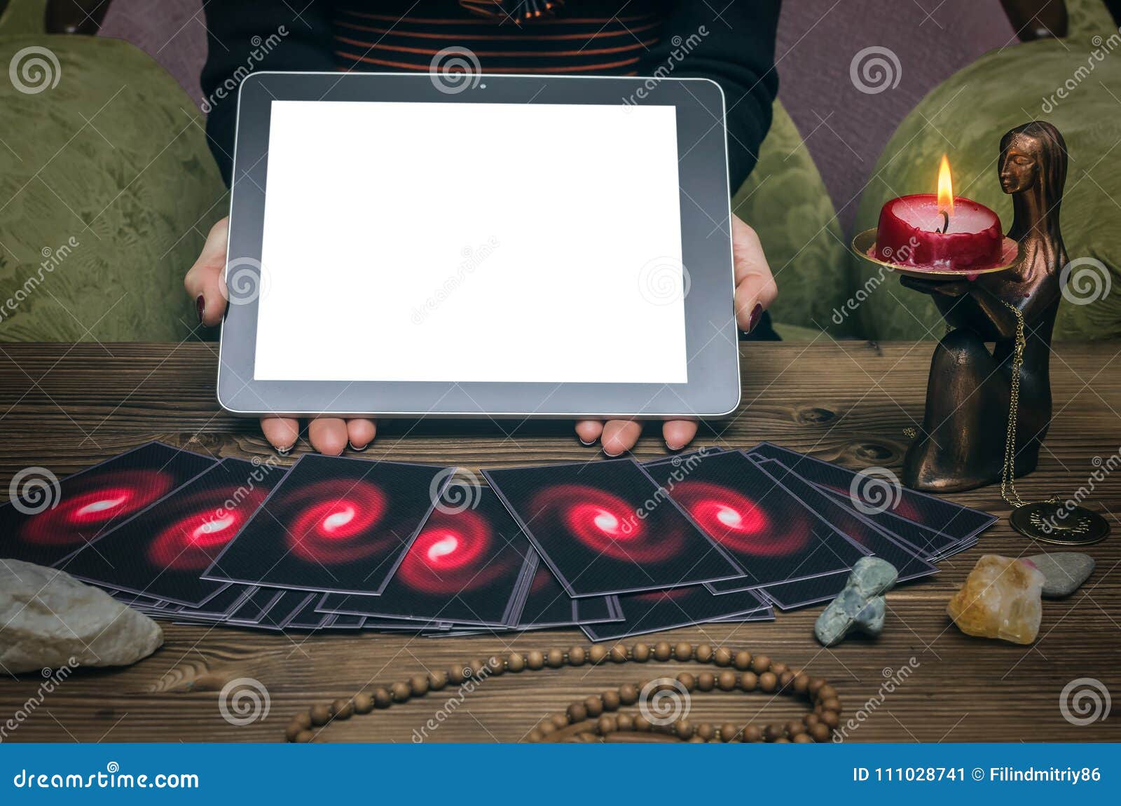 Tarot Cards and Tablet Computer Pad with Blank Screen with Copy Space ...