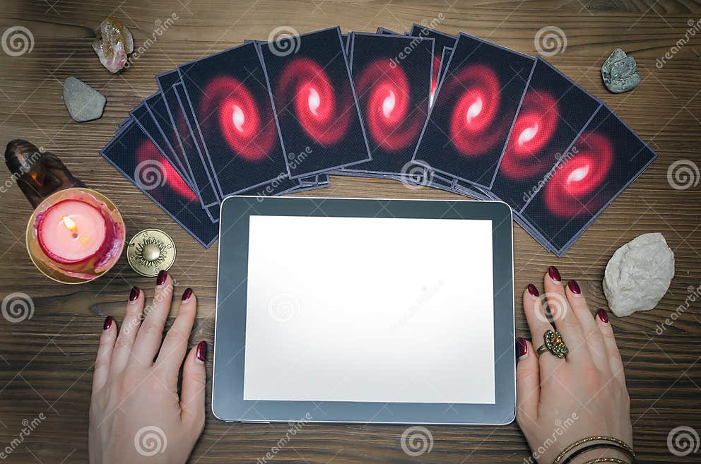 Tarot Cards and Tablet Computer Pad with Blank Screen with Copy Space ...