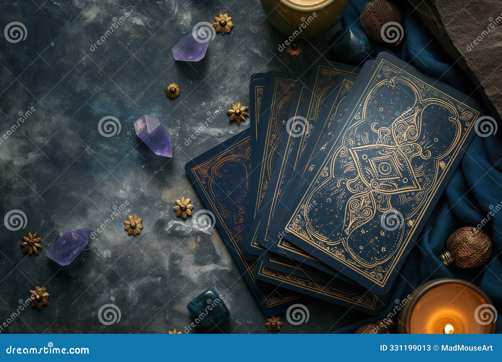Tarot Cards on Wooden Table. Magic Occult Background Stock Illustration ...