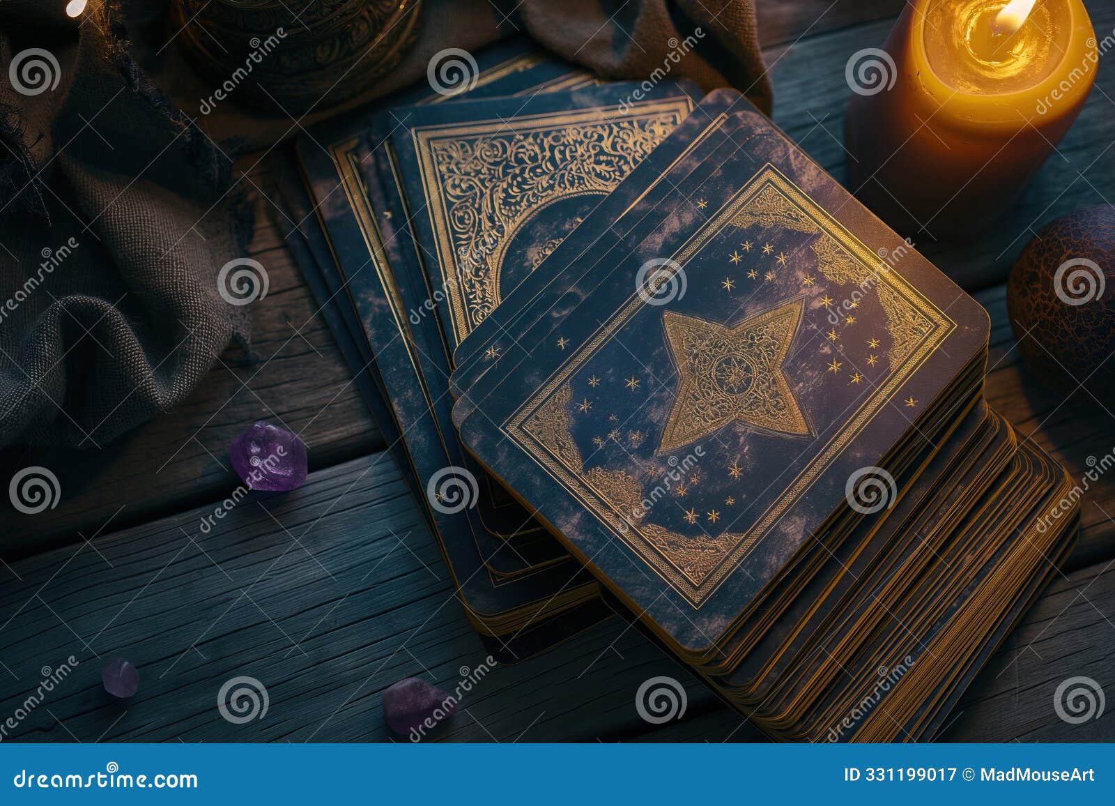 Tarot Cards on Wooden Table. Magic Occult Background Stock Illustration ...