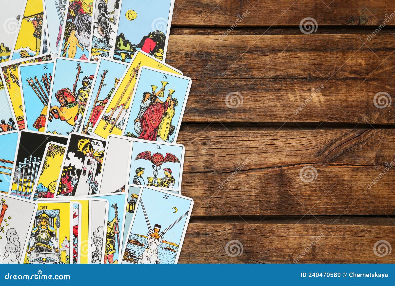 Tarot Cards on Wooden Table, Top View. Space for Text Editorial Stock ...
