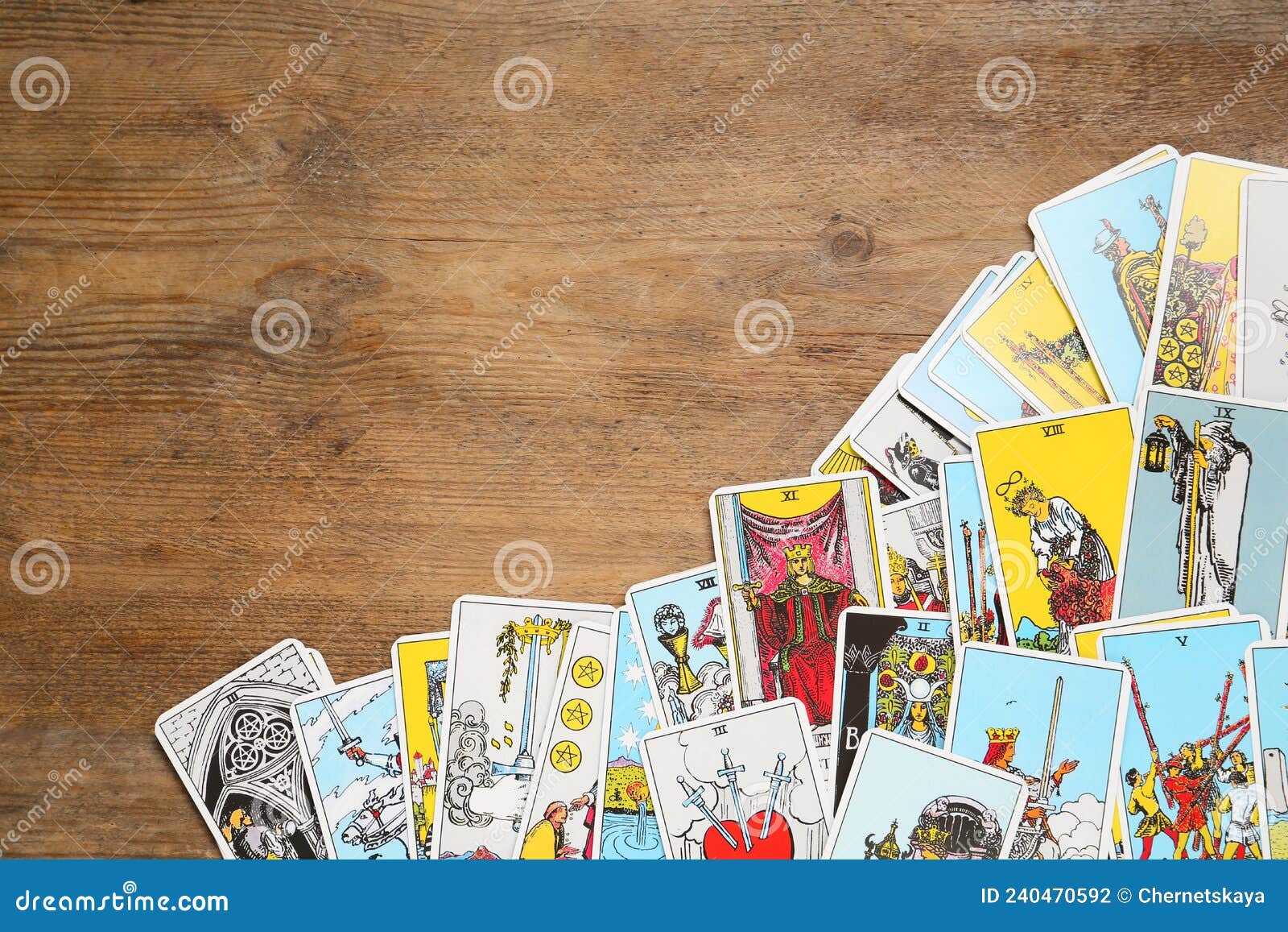 Tarot Cards on Wooden Table, Top View. Space for Text Editorial ...