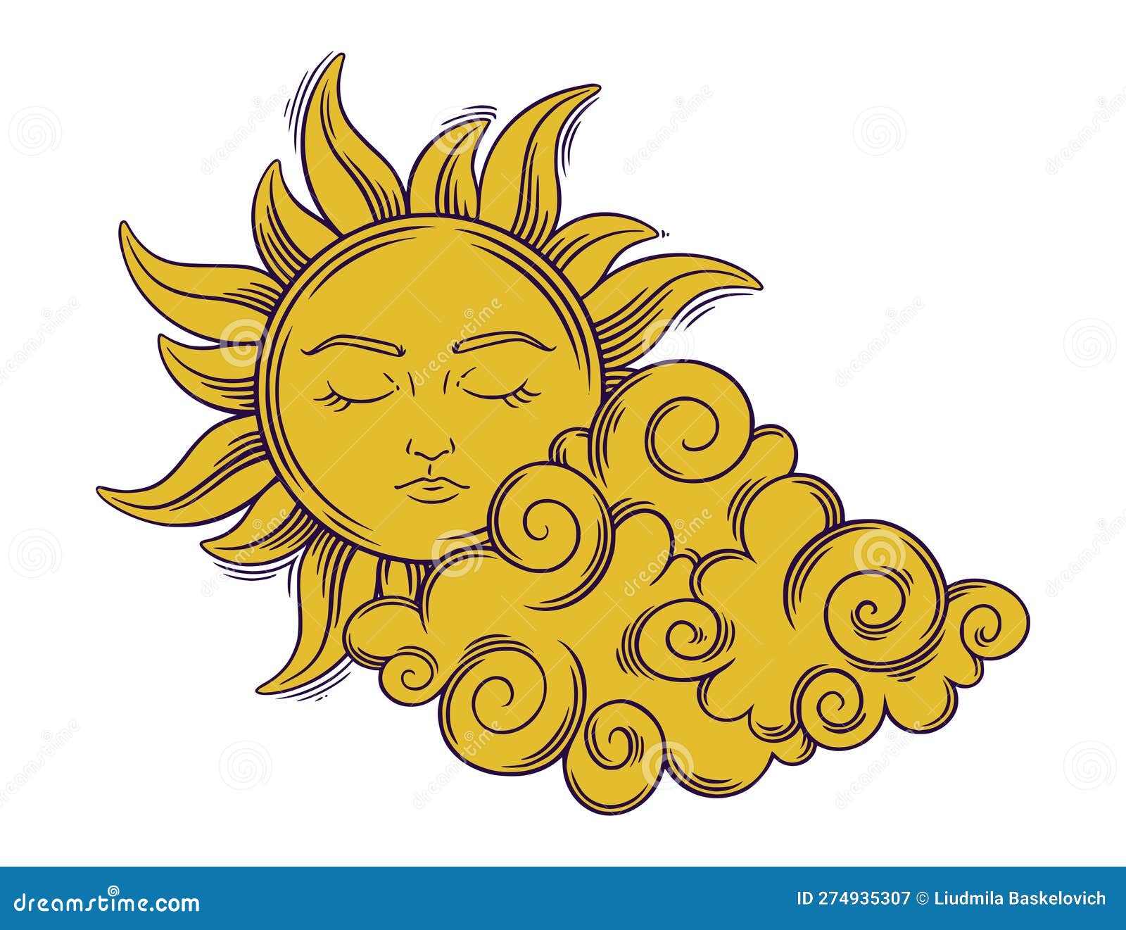 Tarot Esoteric Sun Behind Cloud. Tarot Sun with Face and Closed Eyes ...