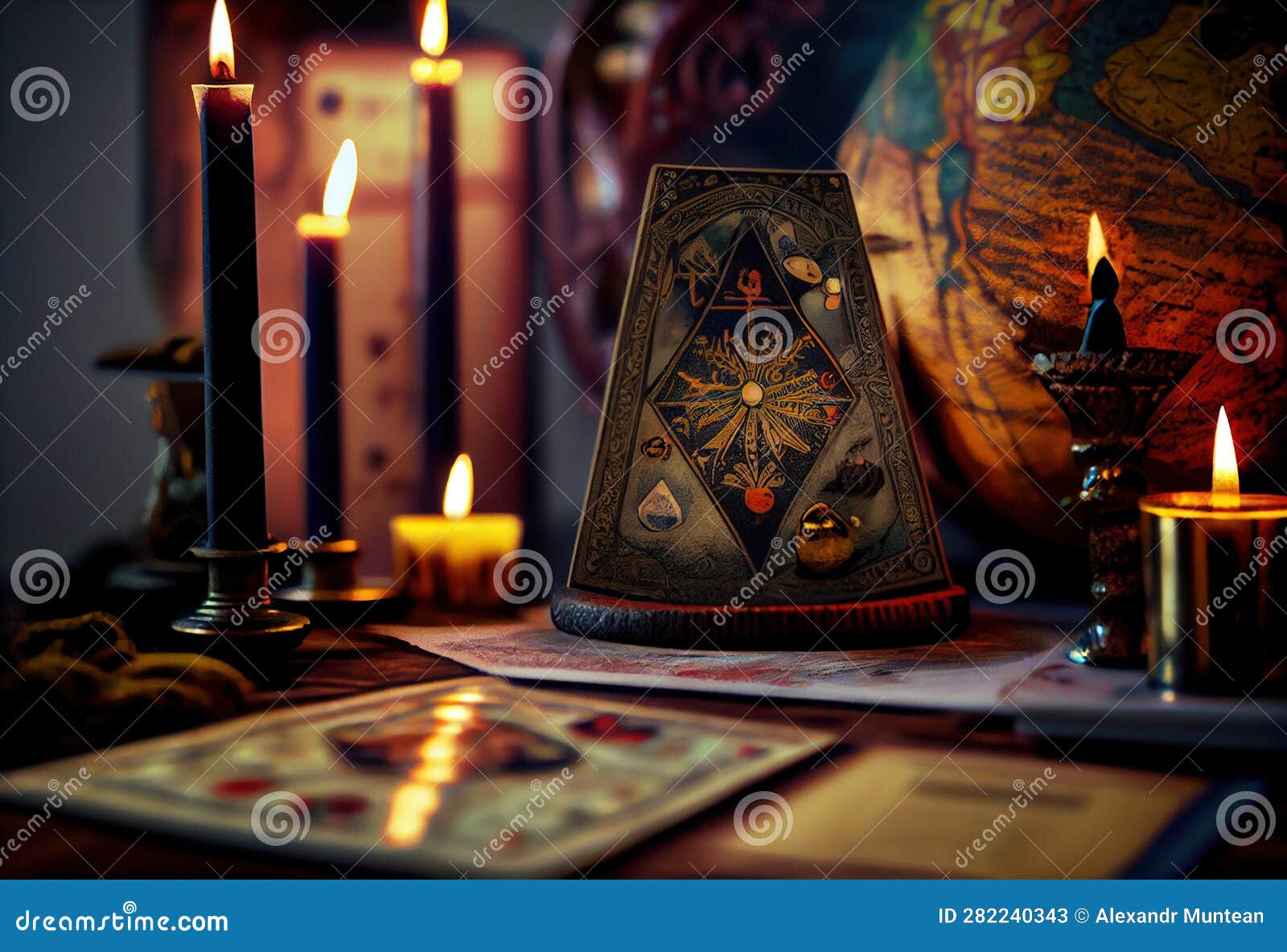Tarot Pendulum on Altar with Defocused Cards, Concept of Esoteric ...