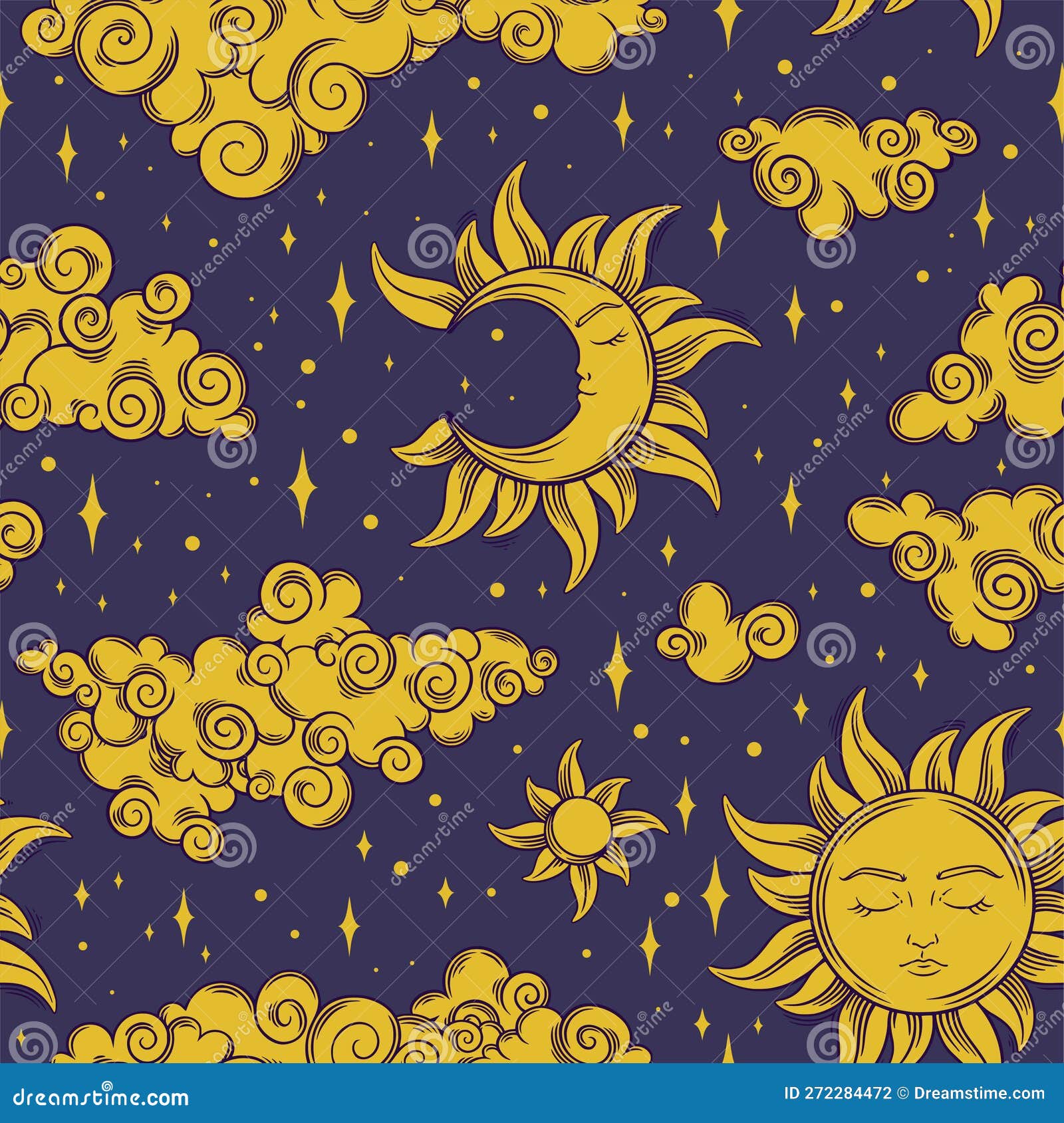 Tarot Seamless Pattern with Sun and Crescent Moon. Tarot Aesthetic Tile with Golden Celestial ...