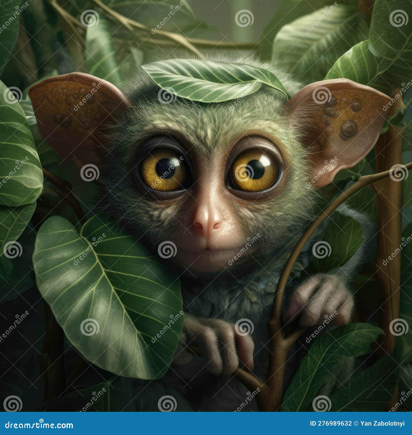 A Tarsier Head Wrapped in Green Leaves on a Background of Leaves ...