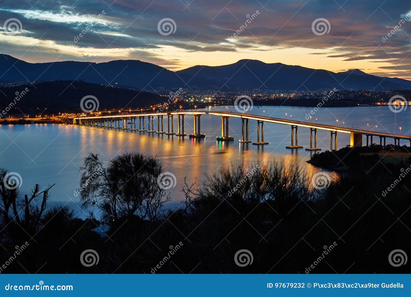 Tasman Bridge at night stock photo. Image of architecture - 97679232