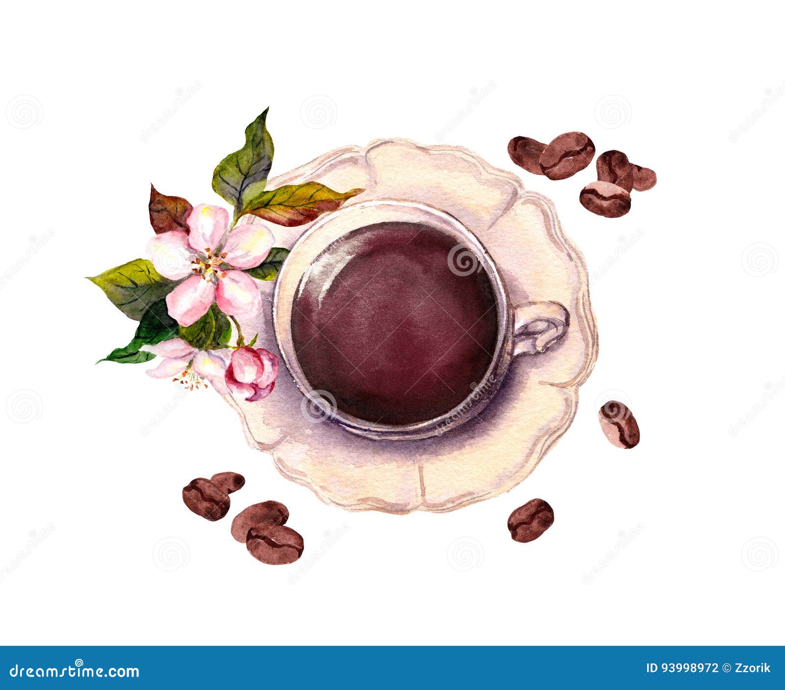 Tasse Kaffee, Blume, Kaffeebohnen Watercolor Stock Abbildung ...