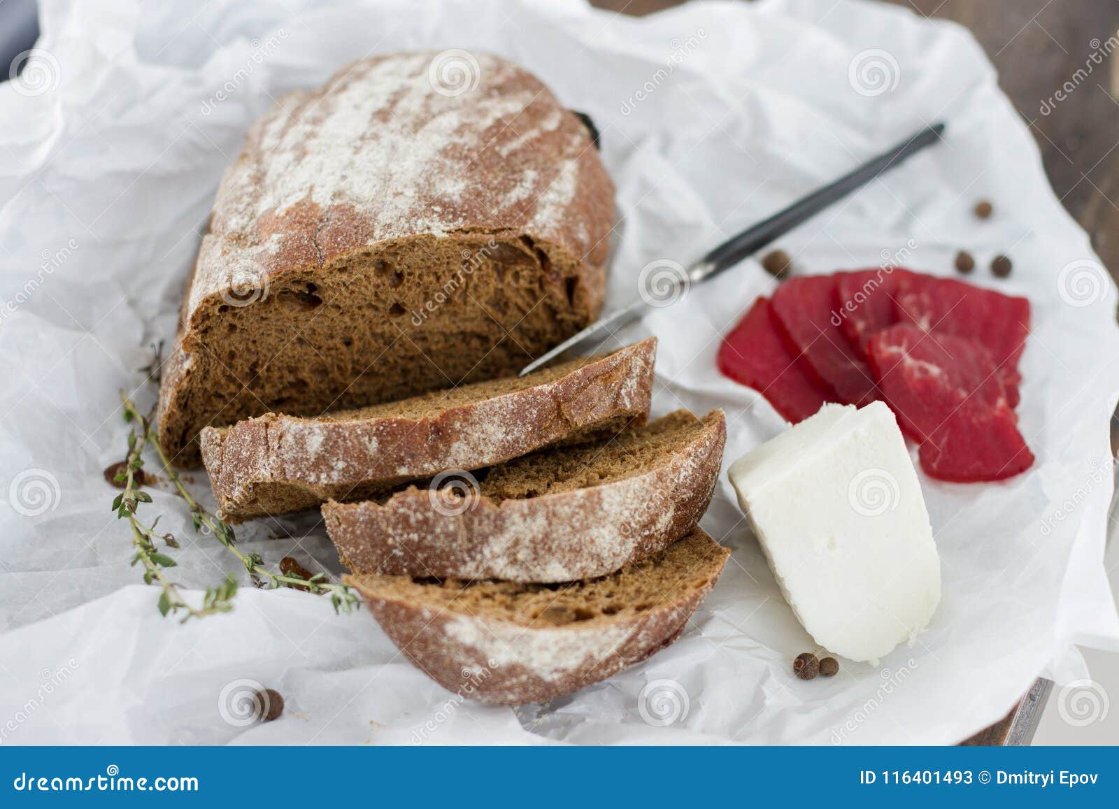 Tasting Bread Cheese Dish with Herbs and Meat Stock Image - Image of ...