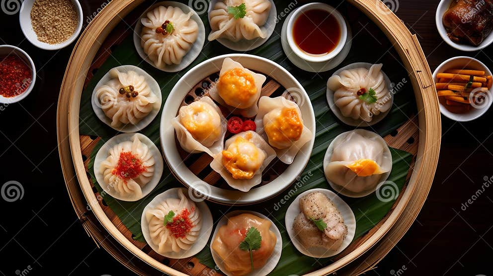 Tasty Assorted Dim Sum Selection on Tray Stock Illustration ...
