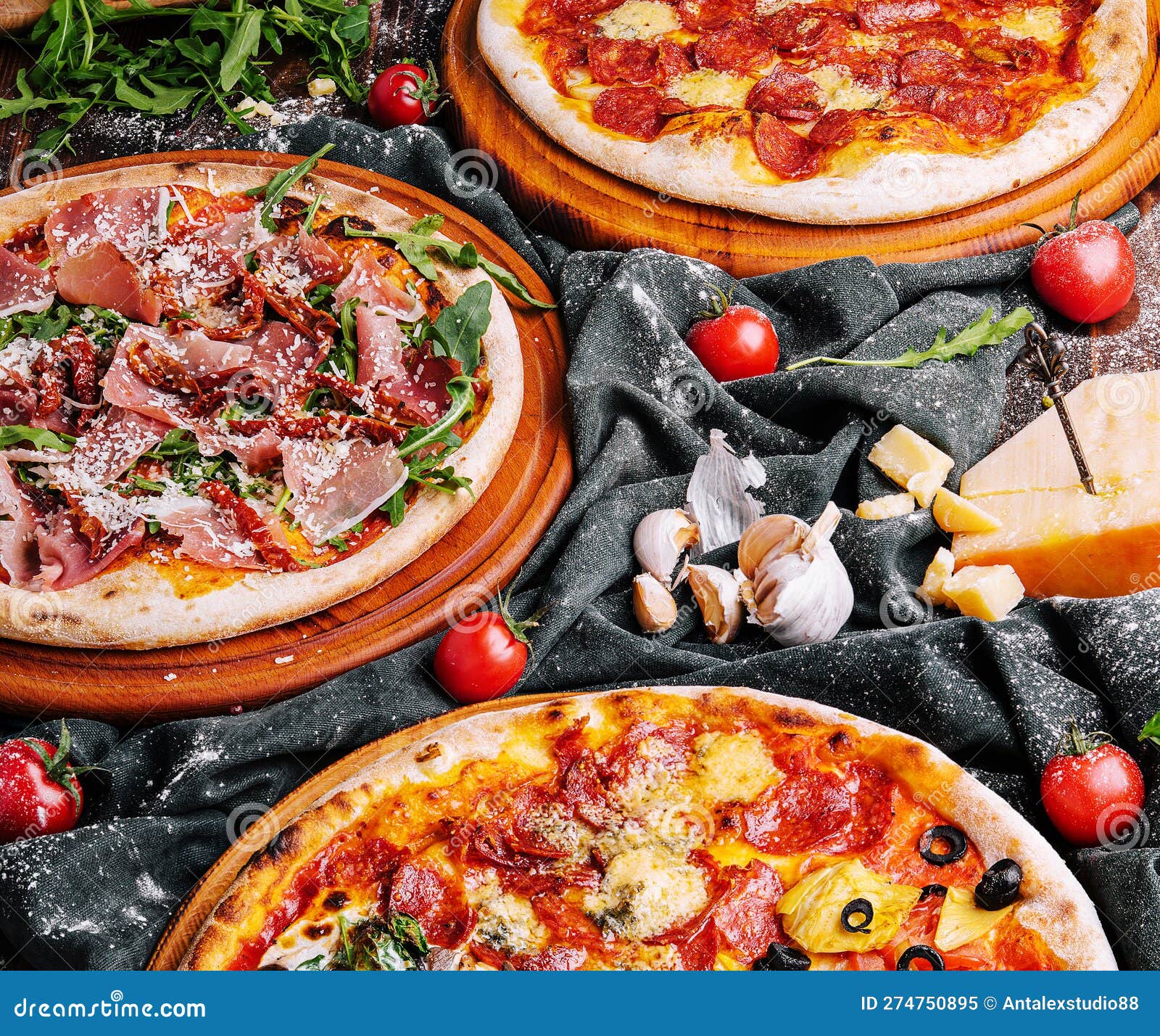 Three Pizzas Of Different Flavors. Pepperoni, Cheese, Potato, Onion ...