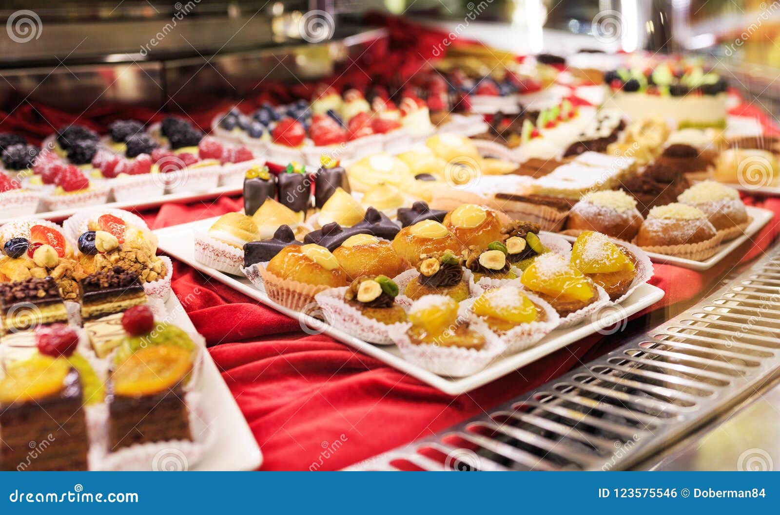 Tasty Beautiful Cakes on a Show-window in Cafe. Stock Photo - Image of ...