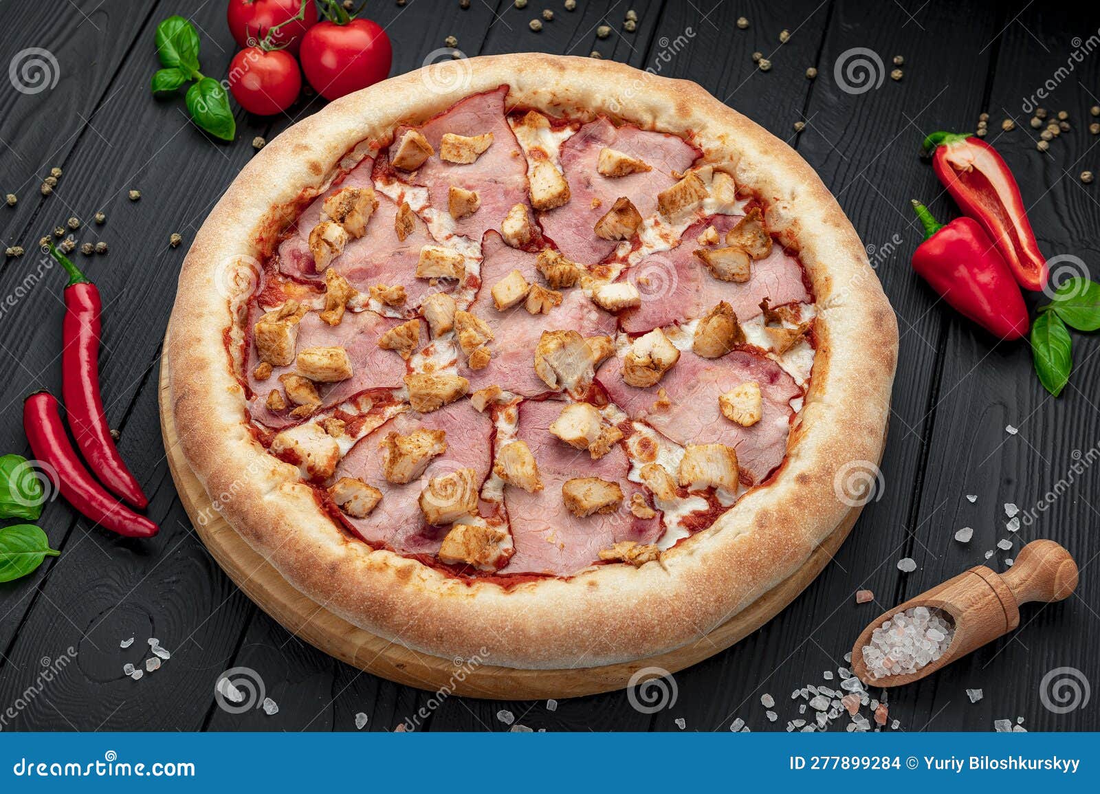Tasty and Big Pizza with Different Types of Meat Stock Photo - Image of ...