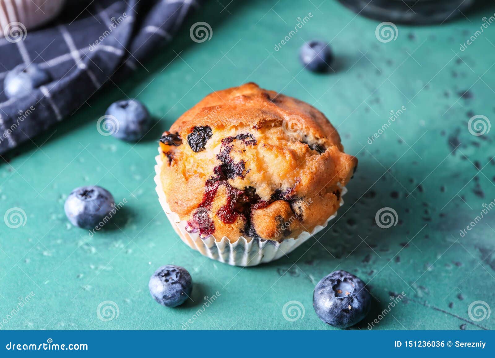 Tasty Blueberry Muffin on Color Table Stock Photo - Image of calories ...