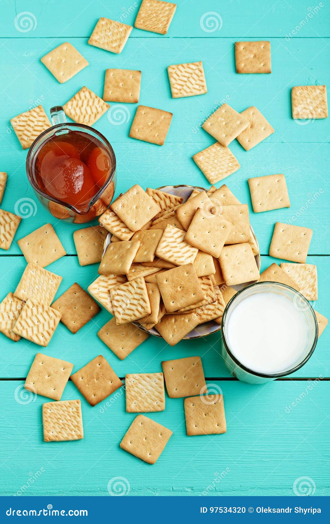 Tasty Breakfast Crackers with Jam and Milk on a Wooden Surface, Stock ...