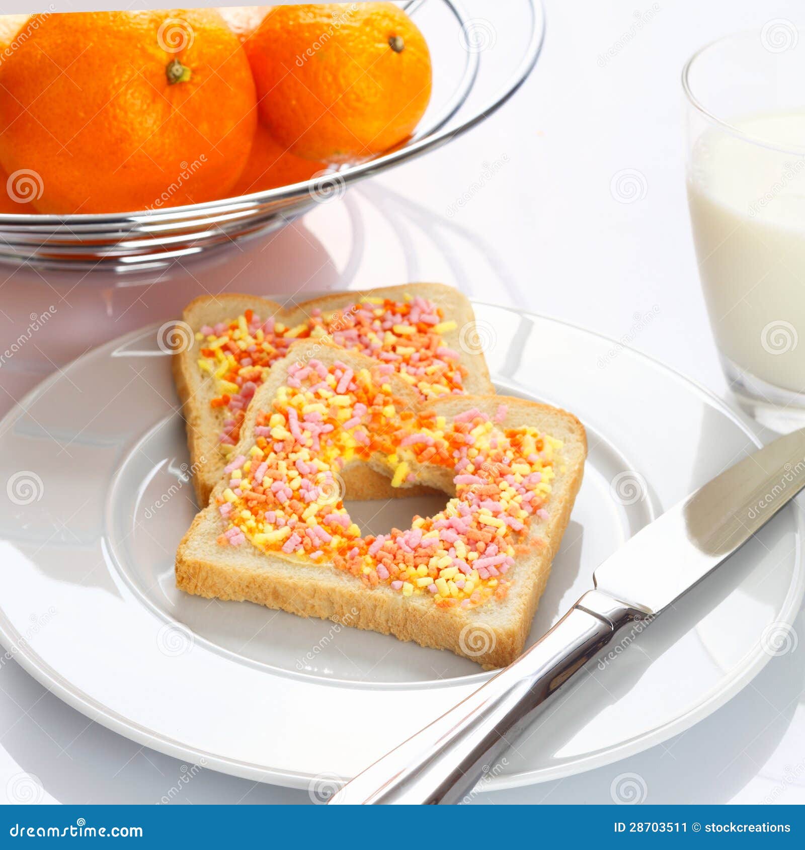 Tasty Breakfast Made of Bread with Candies Stock Image - Image of plate ...