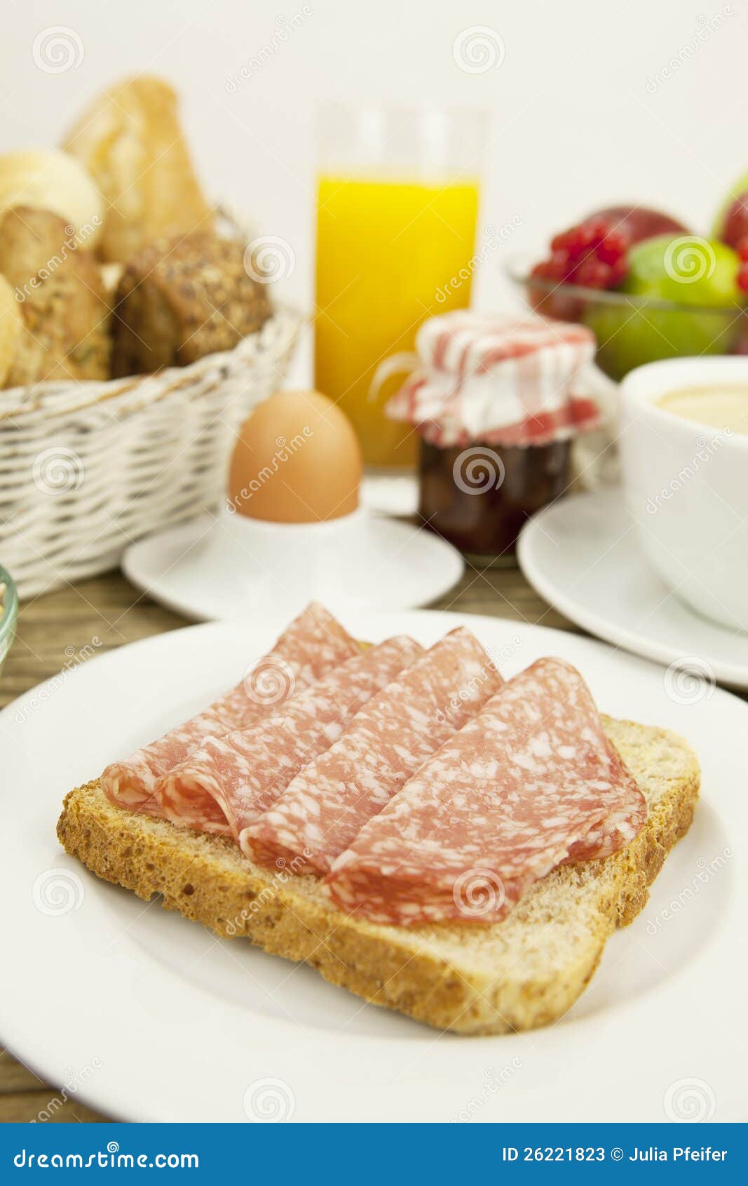 Tasty Breakfast with Salami Toast on Table Stock Image - Image of fresh ...