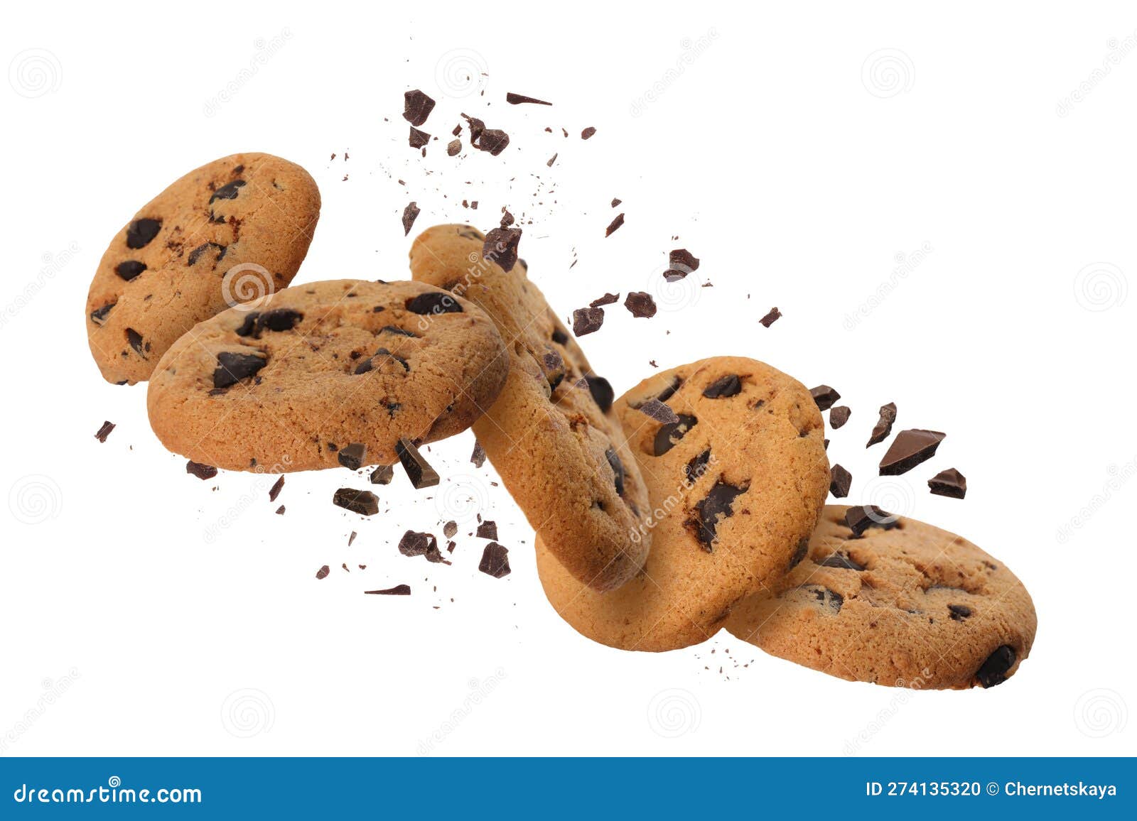 Tasty Chocolate Chip Cookies Falling on White Background Stock Photo ...