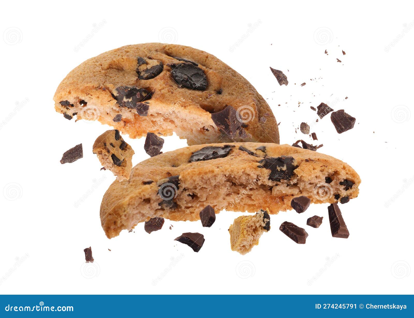 Tasty Chocolate Chip Cookies Falling on White Background Stock Image ...