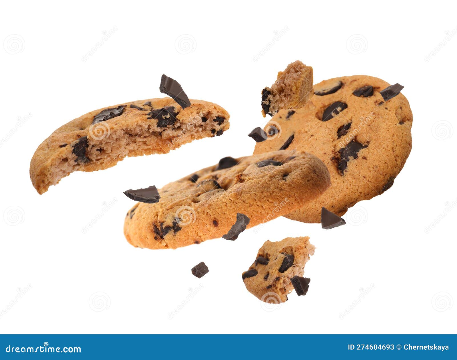 Tasty Chocolate Chip Cookies Falling on White Background Stock Image ...