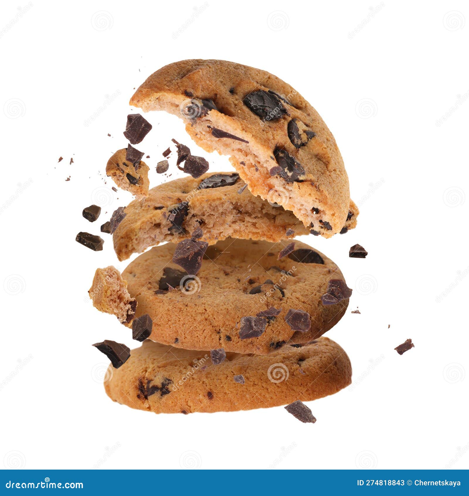 Tasty Chocolate Chip Cookies Falling on White Background Stock Image ...