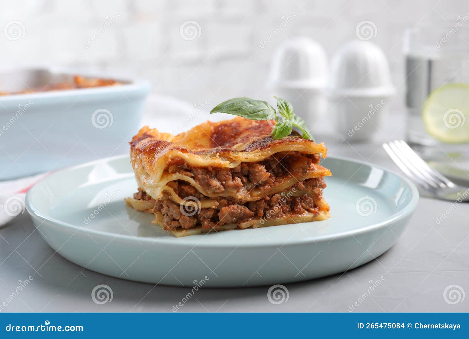 Tasty Cooked Lasagna Served on Grey Table Stock Photo - Image of cook ...