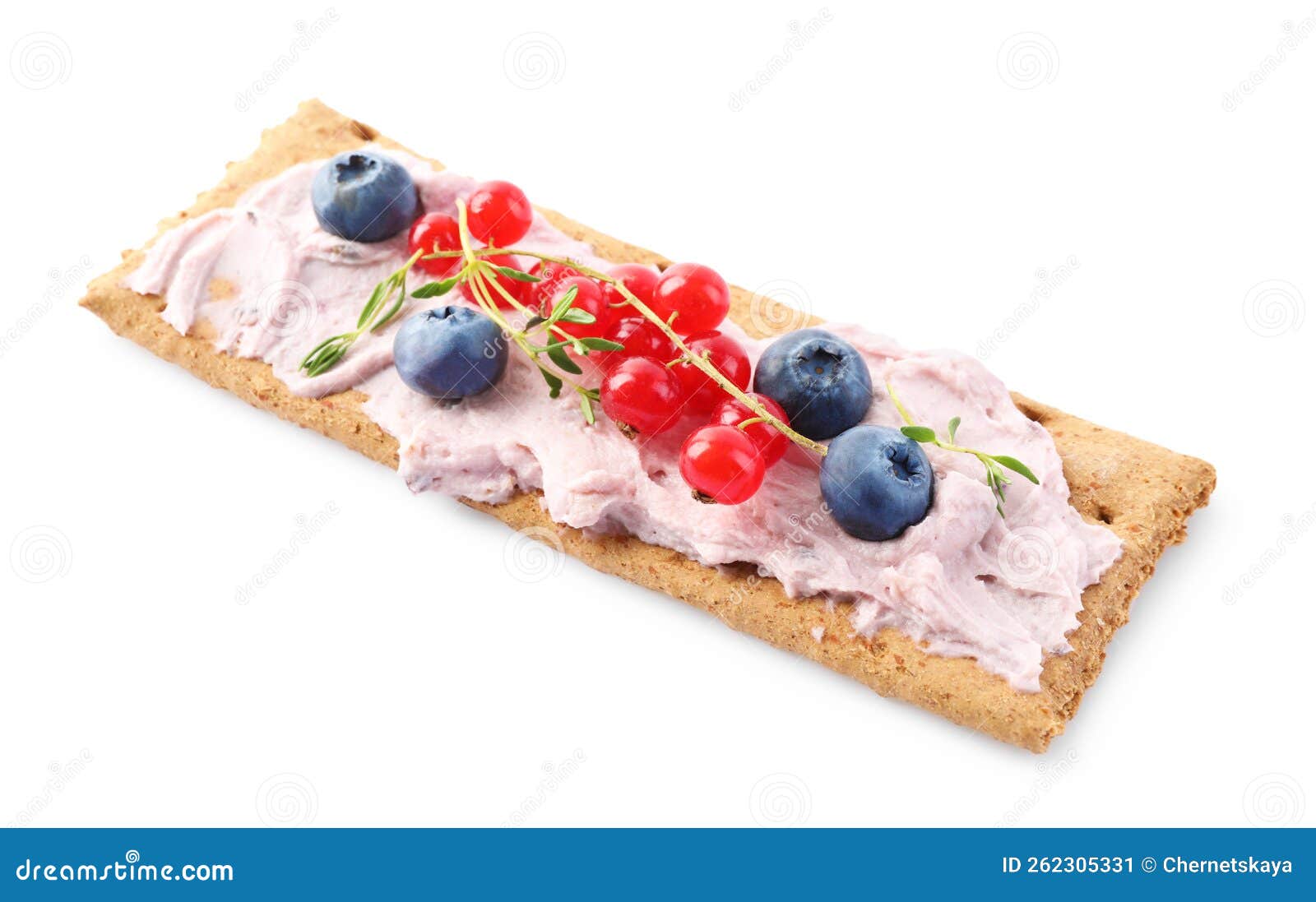 Tasty Crispy Cracker with Cream Cheese, Thyme and Berries Isolated on ...