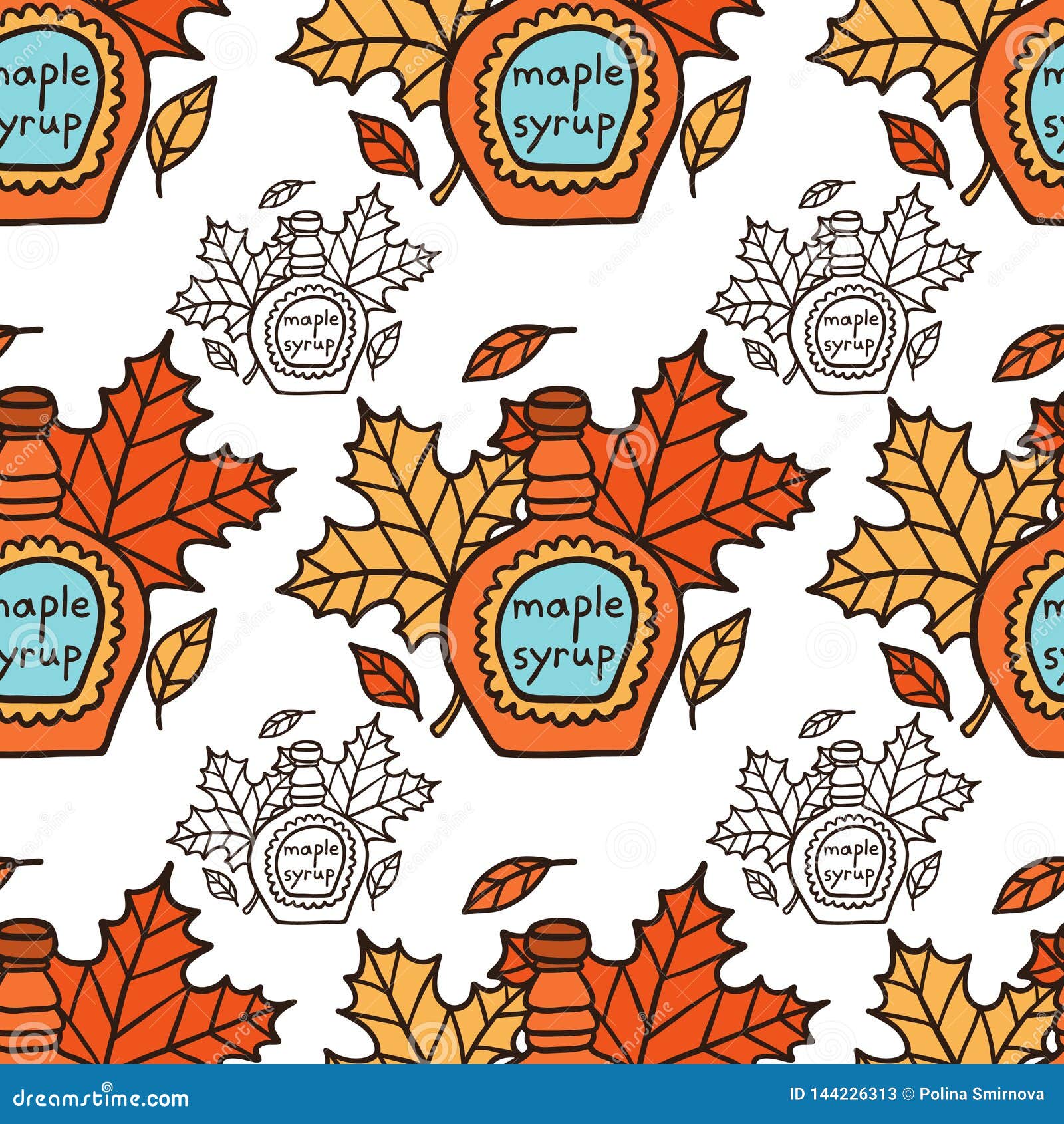 Tasty Doodle Maple Syrup and Leaves Seamless Pattern Stock Illustration ...