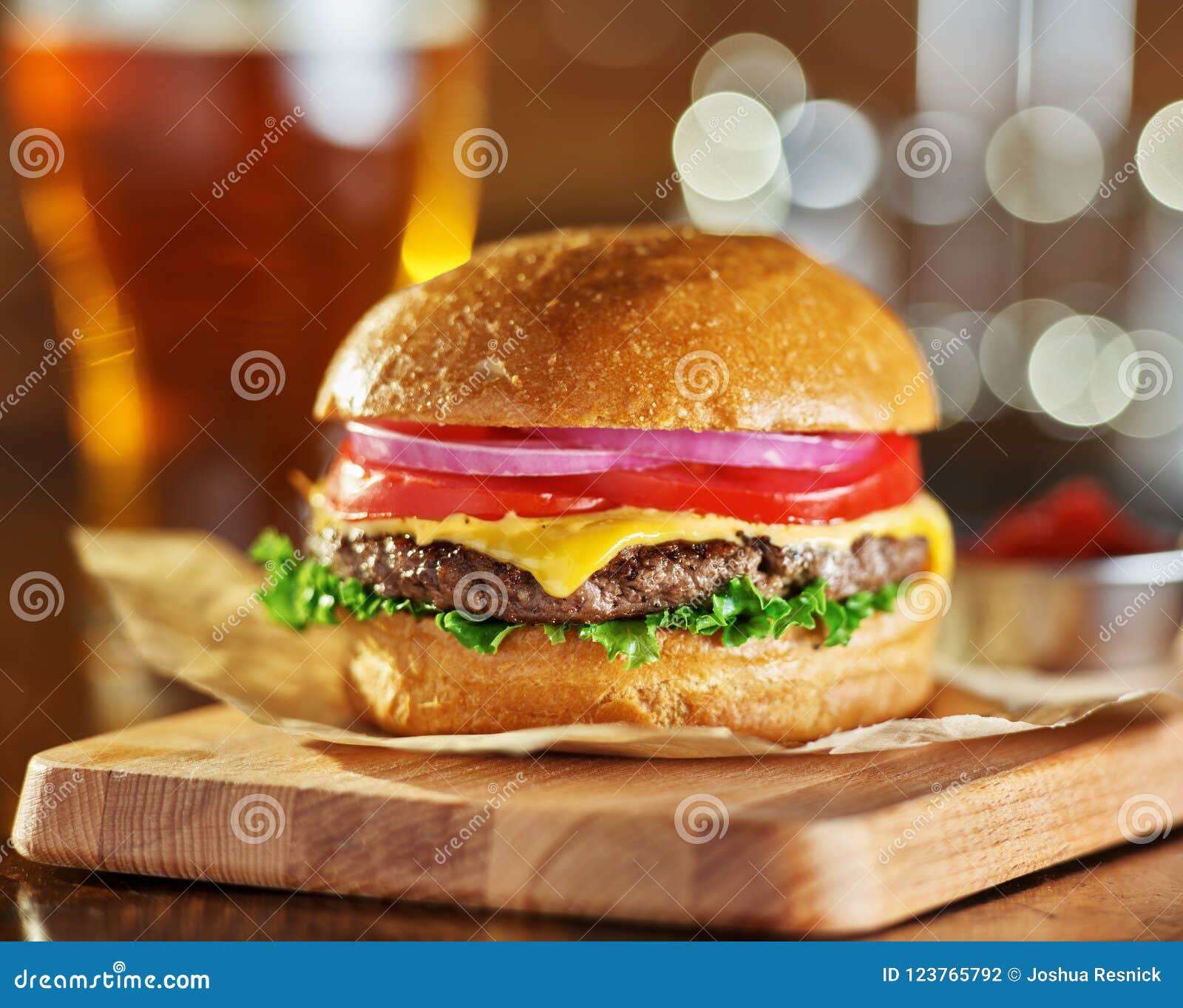 Tasty Fast Food Style Cheese Burger with Beer Stock Photo - Image of ...
