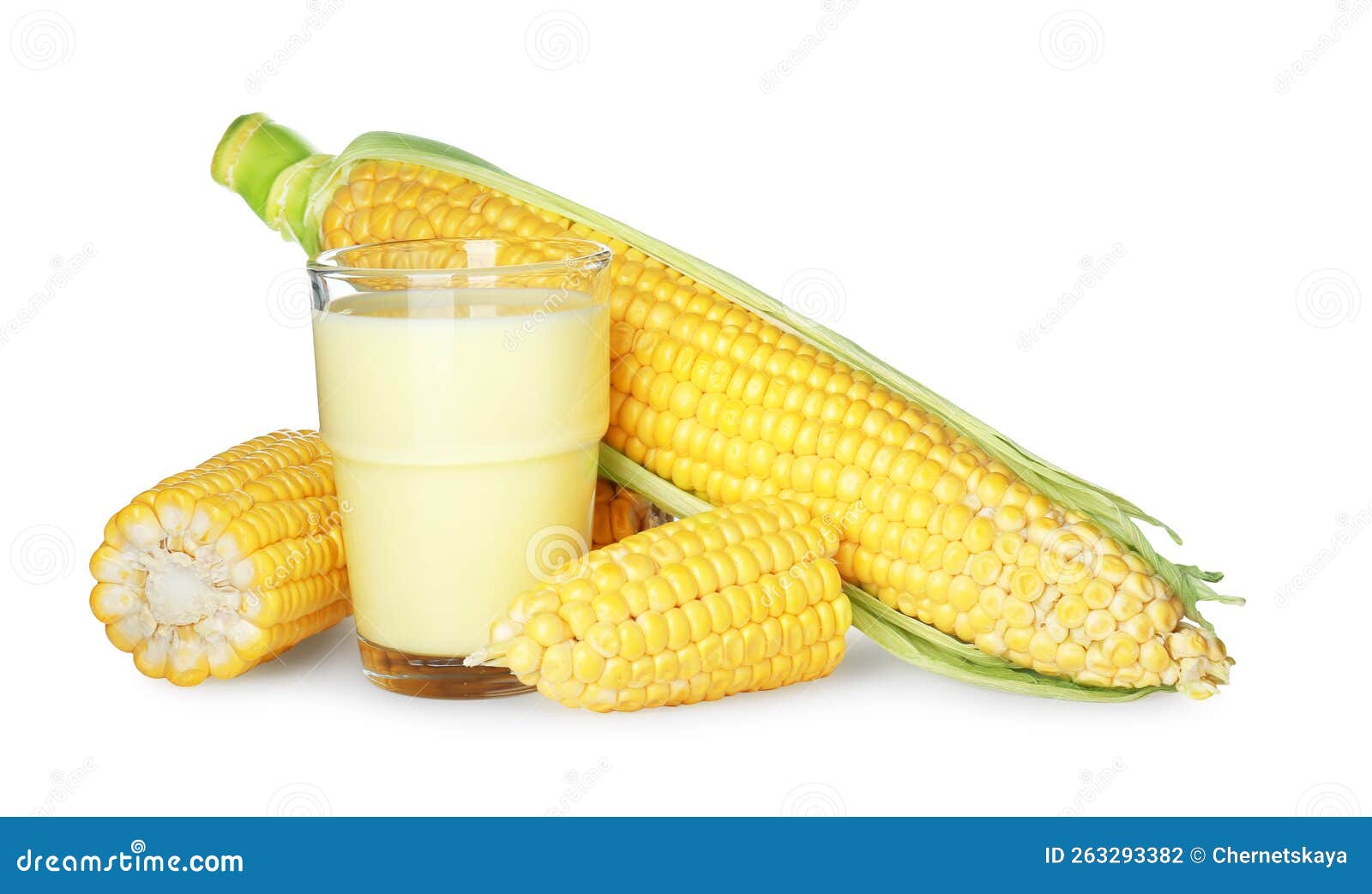 Tasty Fresh Corn Milk in Glass and Cobs on White Background Stock Photo ...
