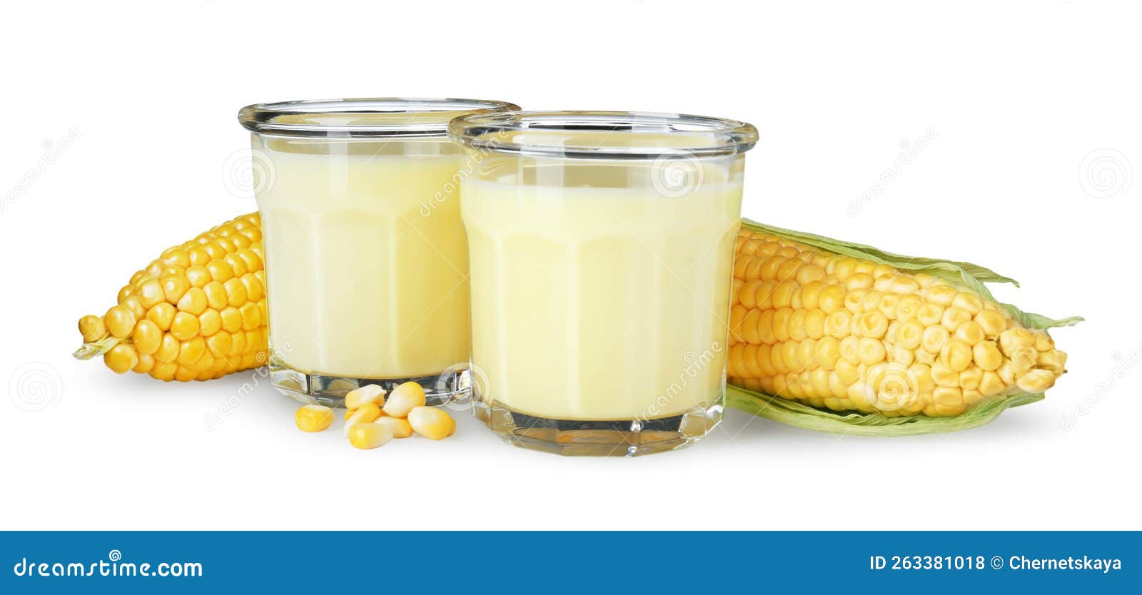 Tasty Fresh Corn Milk in Glasses and Cobs on White Background Stock ...