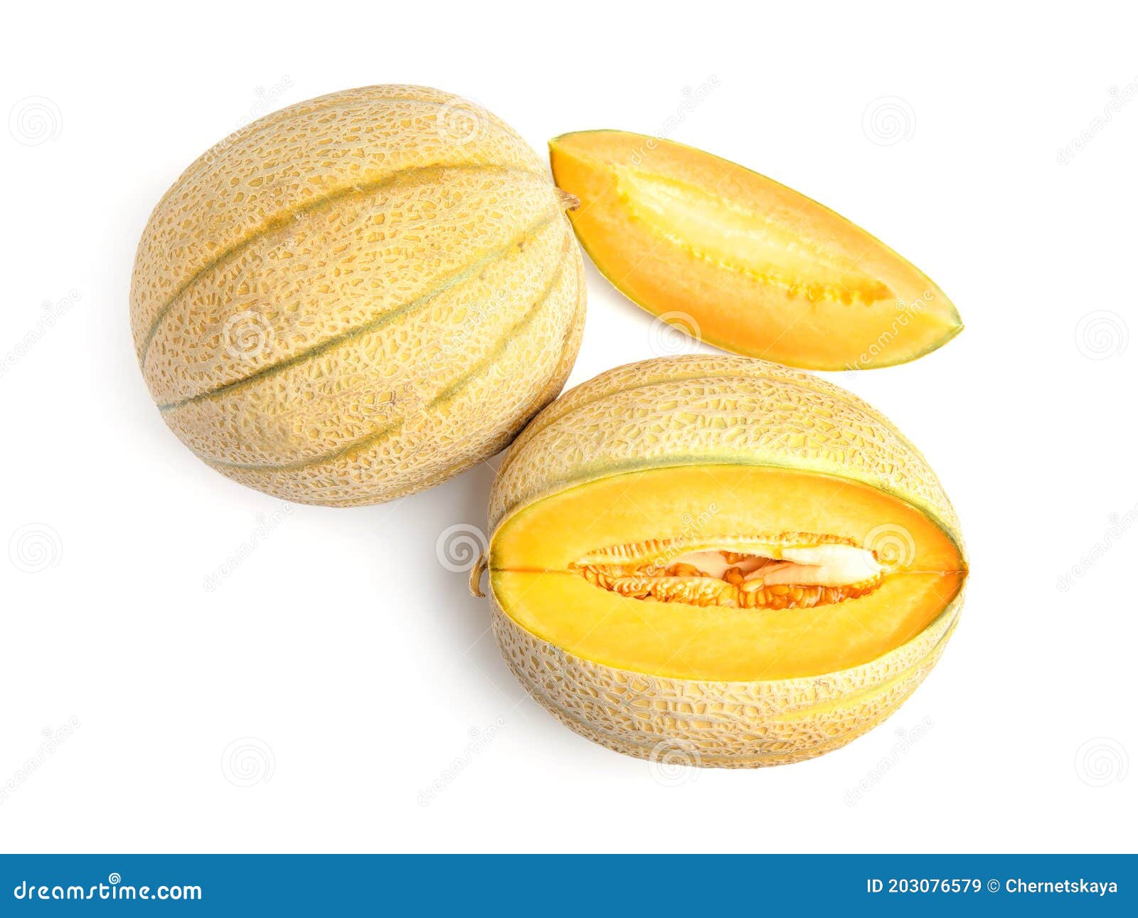 Tasty Fresh Cut and Whole Melons Isolated on White, Top View Stock ...
