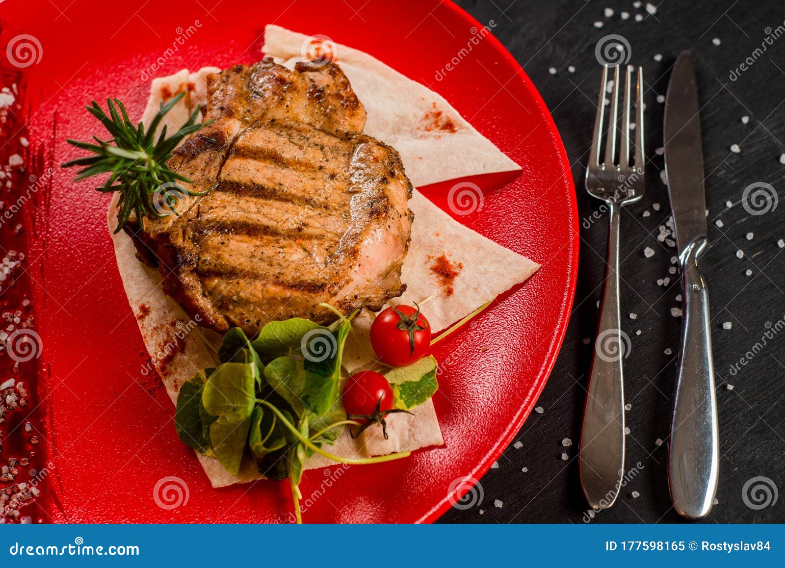 Tasty Fresh Grilled Marble Steak in a Red Plate Stock Image - Image of ...