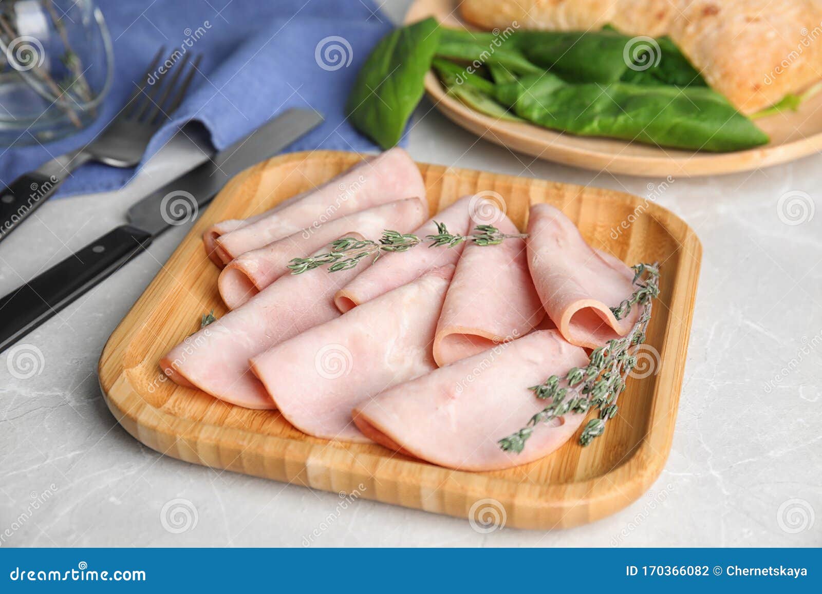 Tasty Fresh Ham on Grey Marble Table Stock Photo - Image of light ...