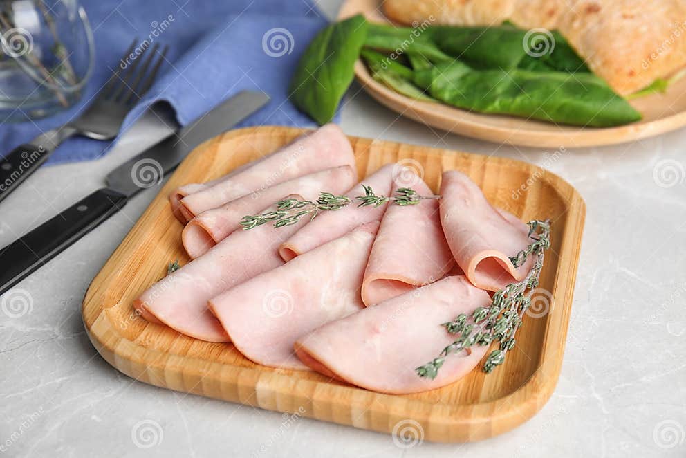 Tasty Fresh Ham on Grey Marble Table Stock Photo - Image of light ...